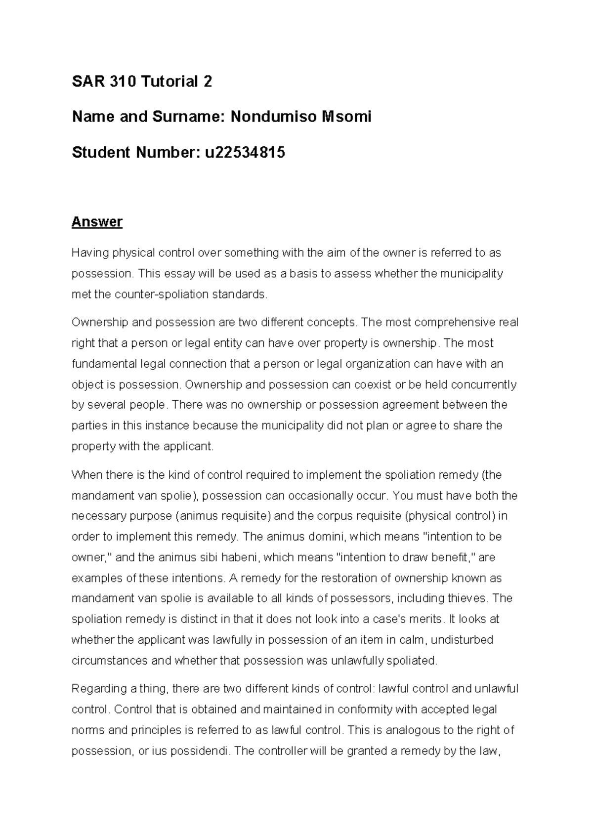 SAR 310 Tutorial 2 - SAR 310 Tutorial 2 Name and Surname: Nondumiso ...