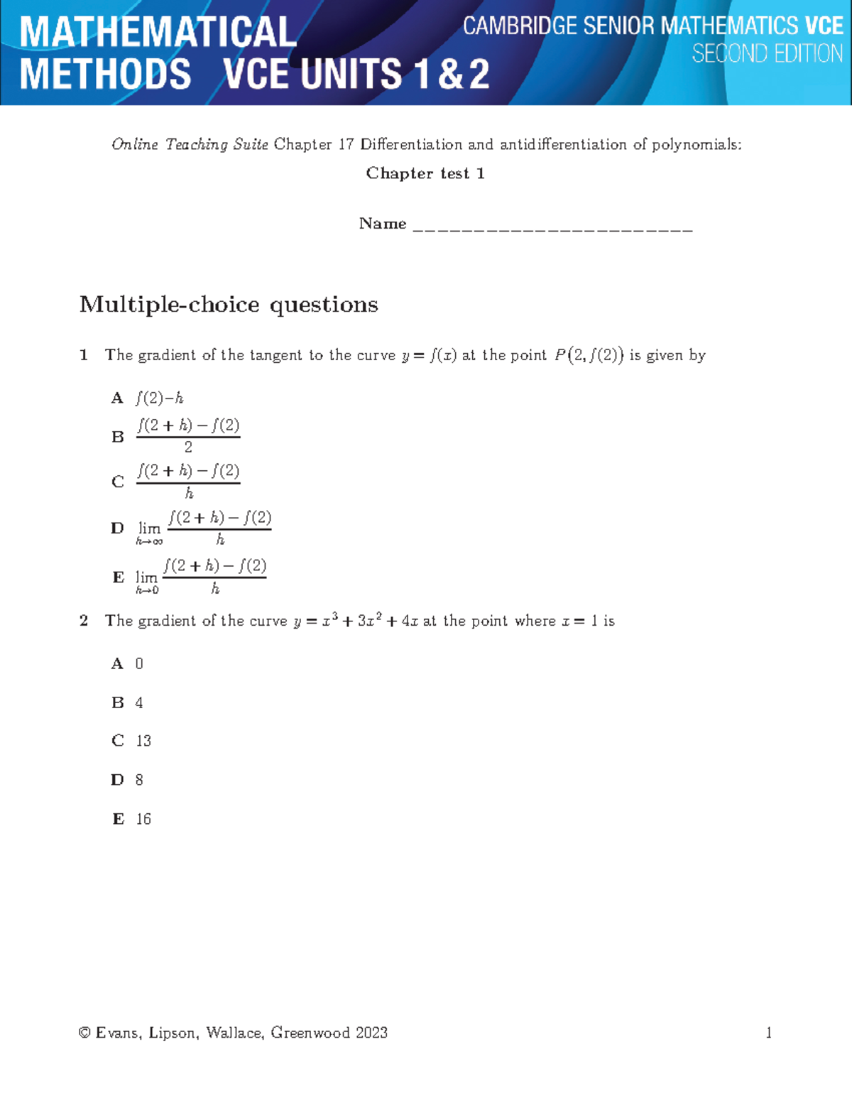 Chapter 17 test 1 - diff practice - Online Teaching Suite Chapter 17 ...