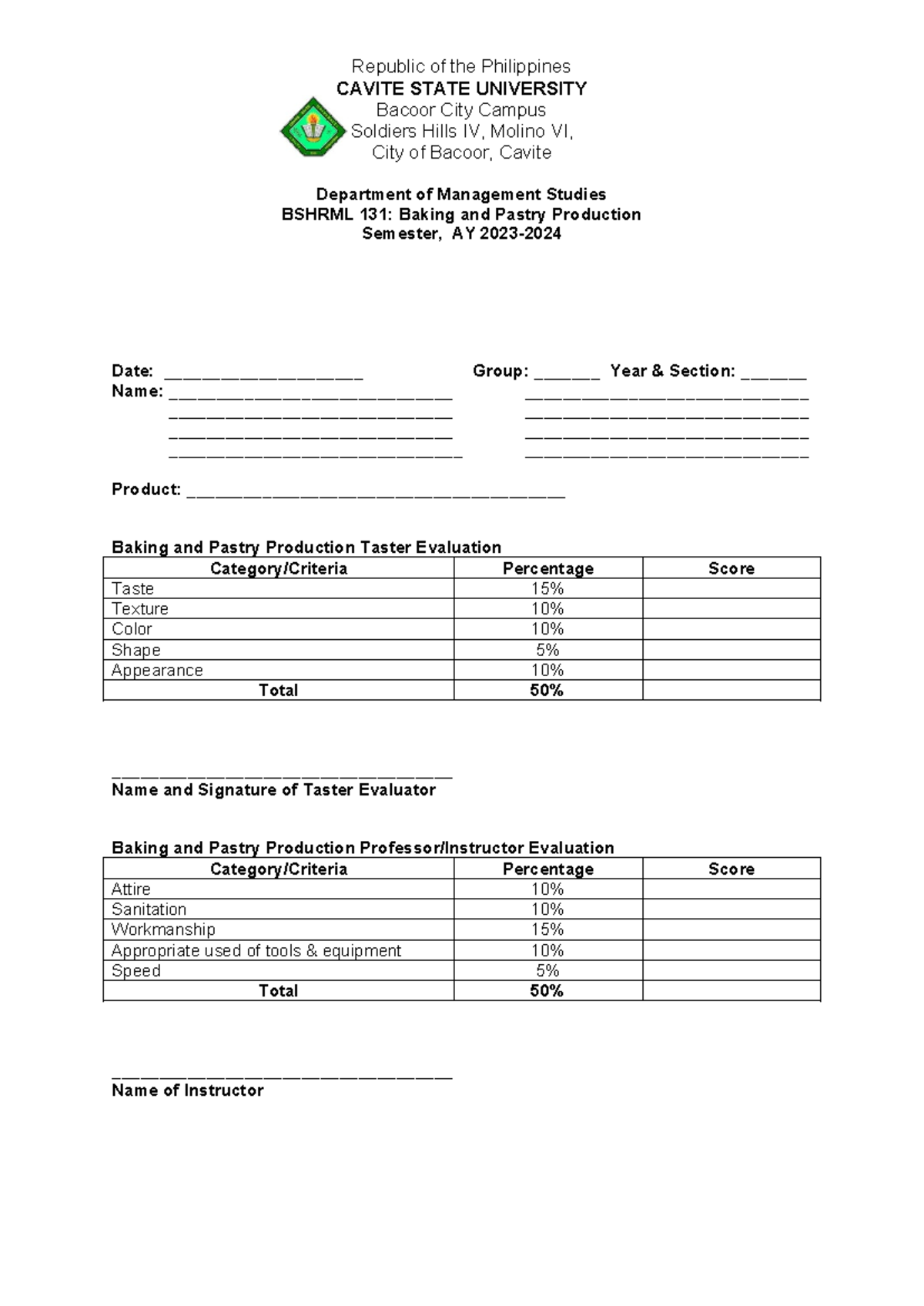 BSHM-131 -Rubrics Evaluation-Form - Republic of the Philippines CAVITE ...