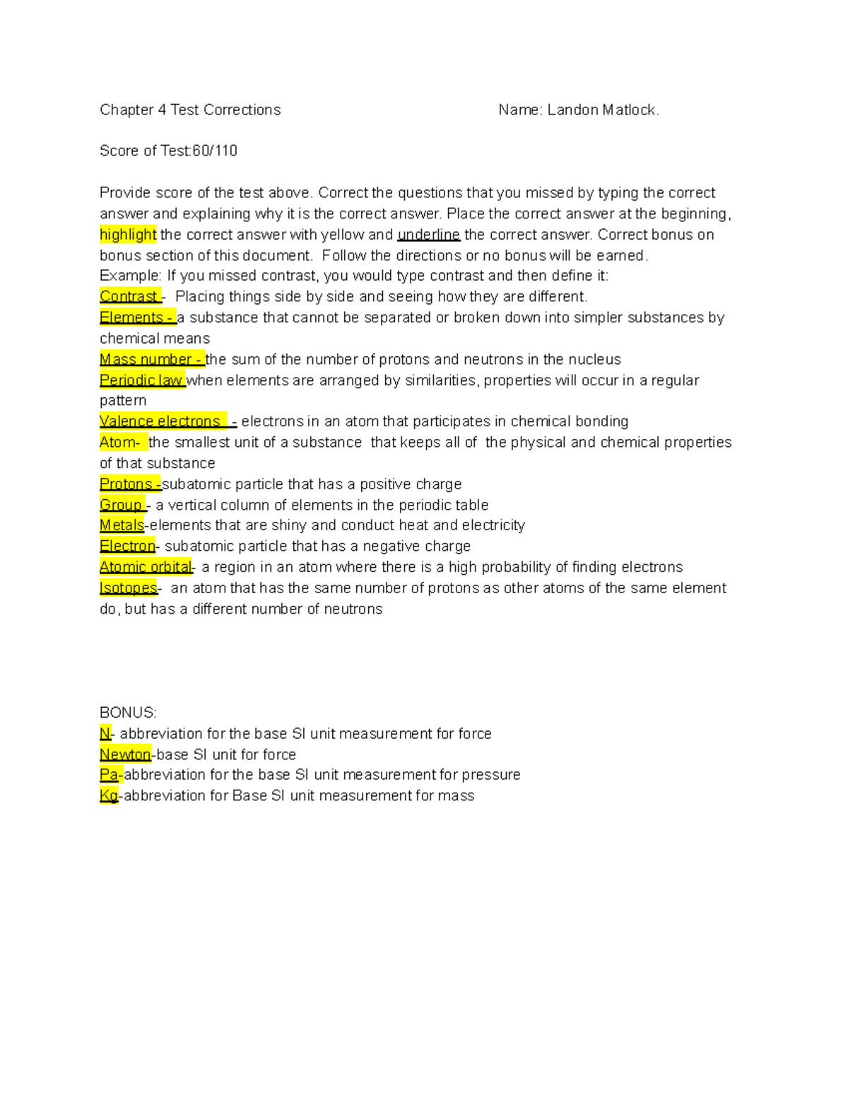 Landon Matlock - Chapter 4 Test Corrections - Chapter 4 Test ...