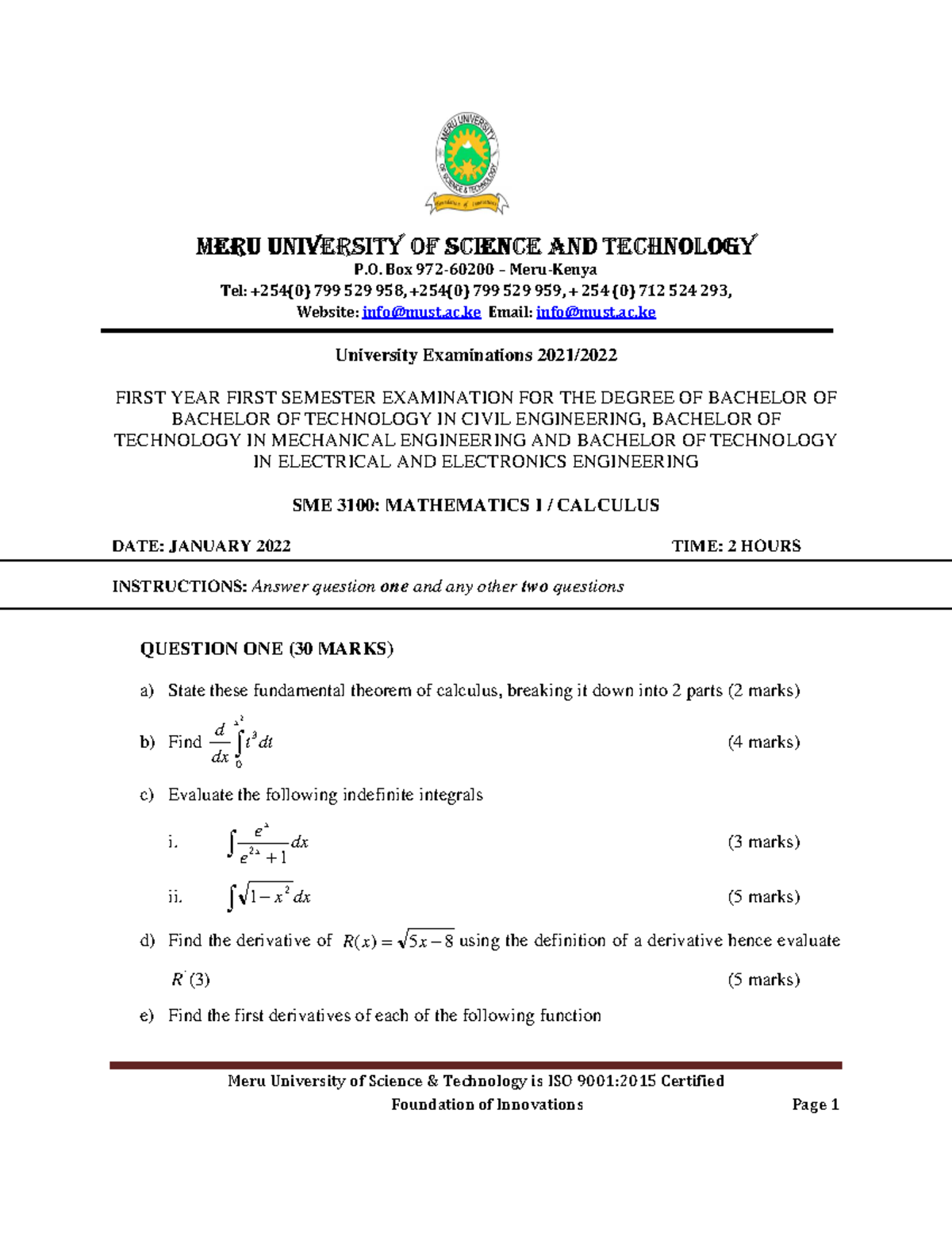 SME 3100 Mathematics I Calculus - Meru University of Science ...