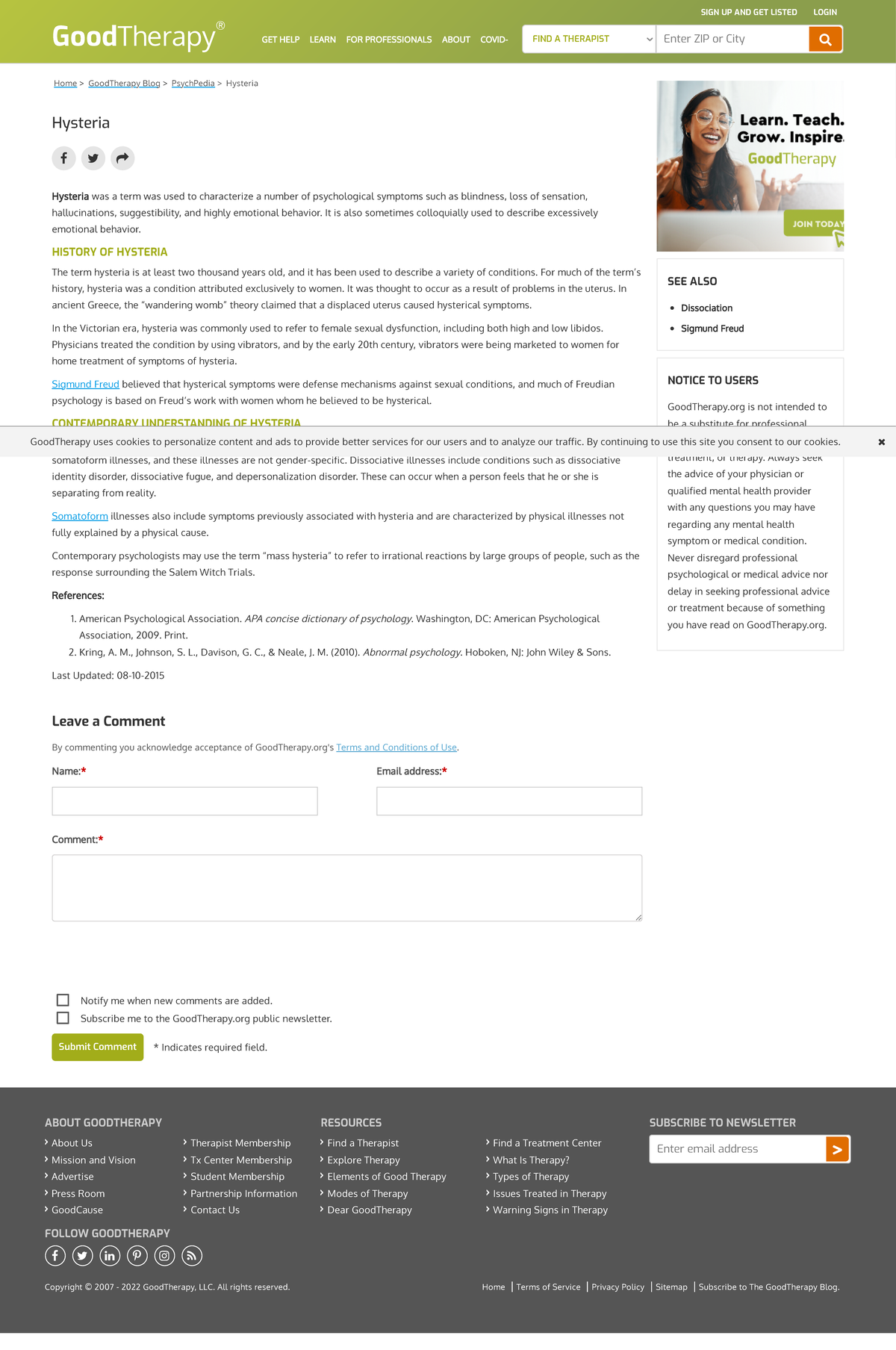 Good Therapy Hysteria - BRIEF DESCRIPTION - Home > GoodTherapy Blog > PsychPedia > Hysteria ...