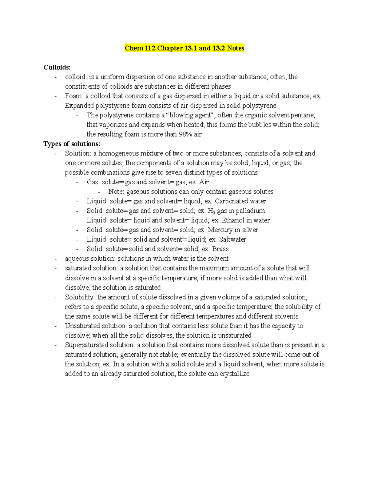 Chem II Chapter 13.1 and 13.2 notes - Chem 112 Chapter 13 and 13 Notes ...