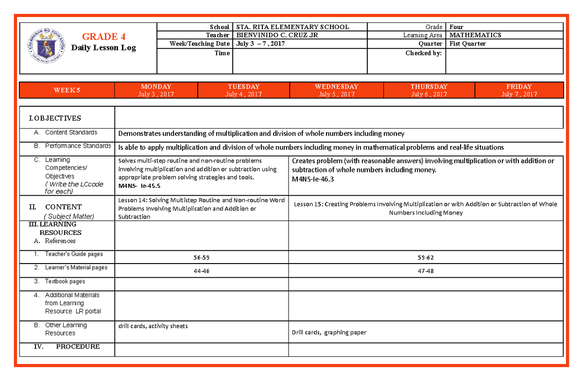 Grade 4 DLL Quarter 1 Week 5 ( Sir Bien Cruz ) - GRADE 4 Daily Lesson Log School STA. RITA - Studocu