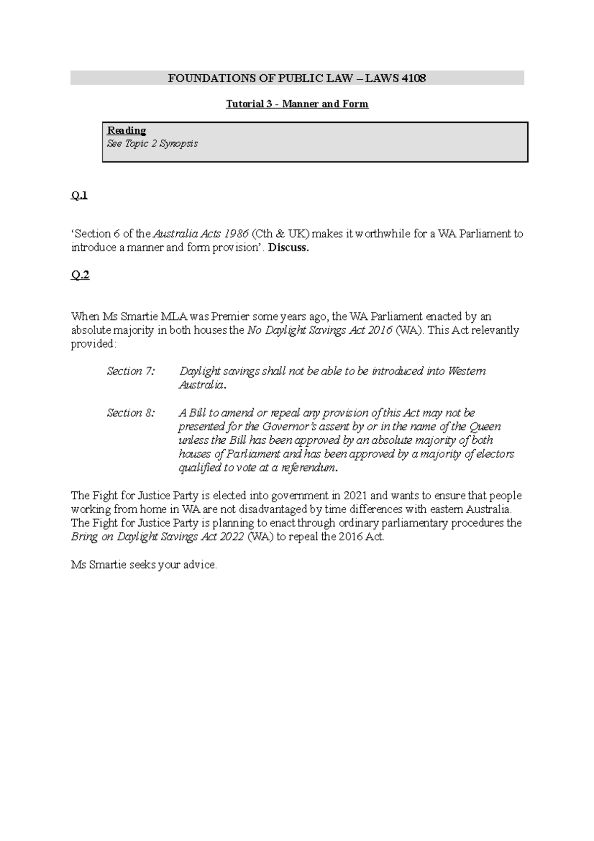 Tutorial 3 Question - Manner and form - FOUNDATIONS OF PUBLIC LAW ...