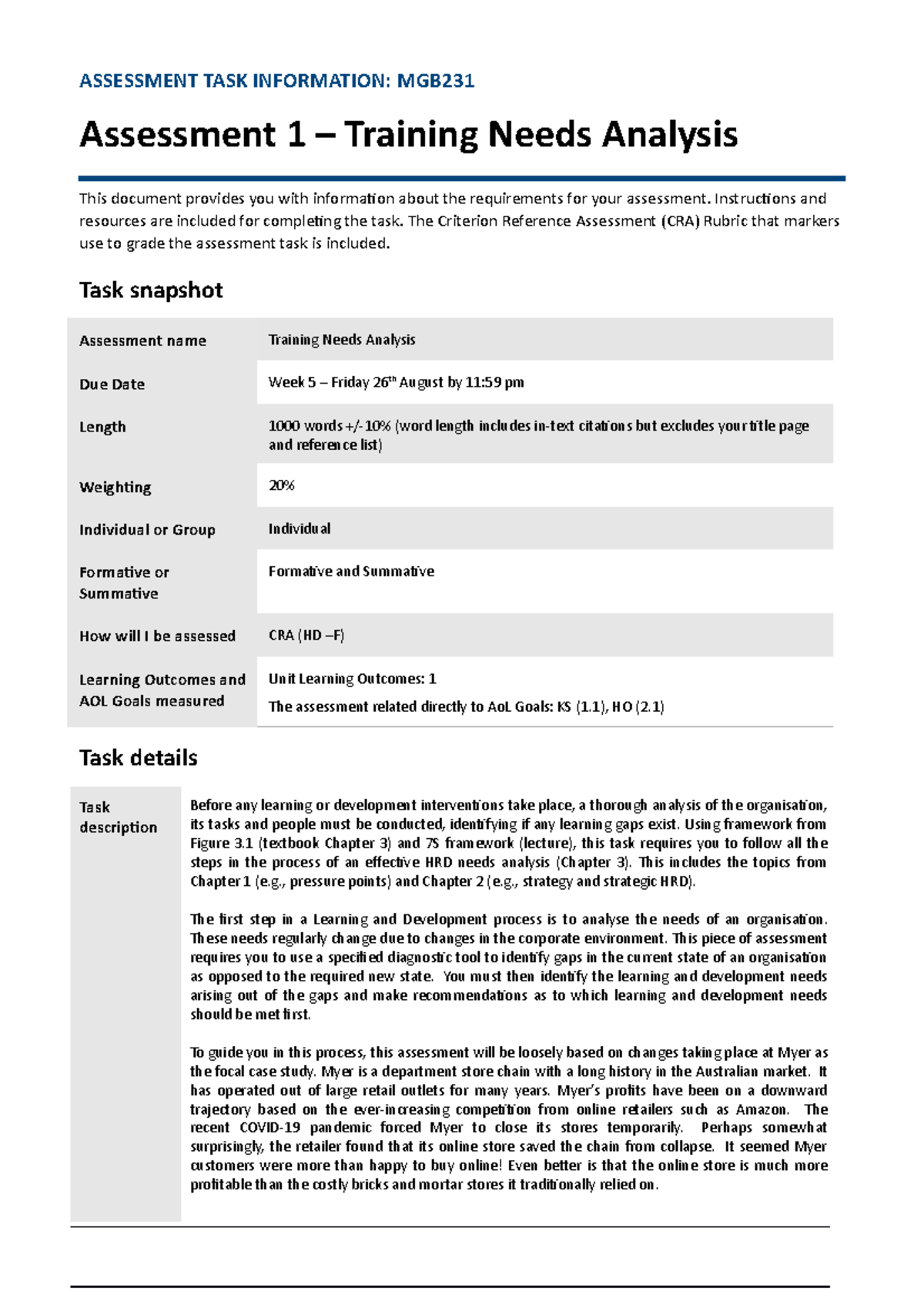 Assessment 1 Tasksheet - ASSESSMENT TASK INFORMATION: MGB Assessment 1 ...