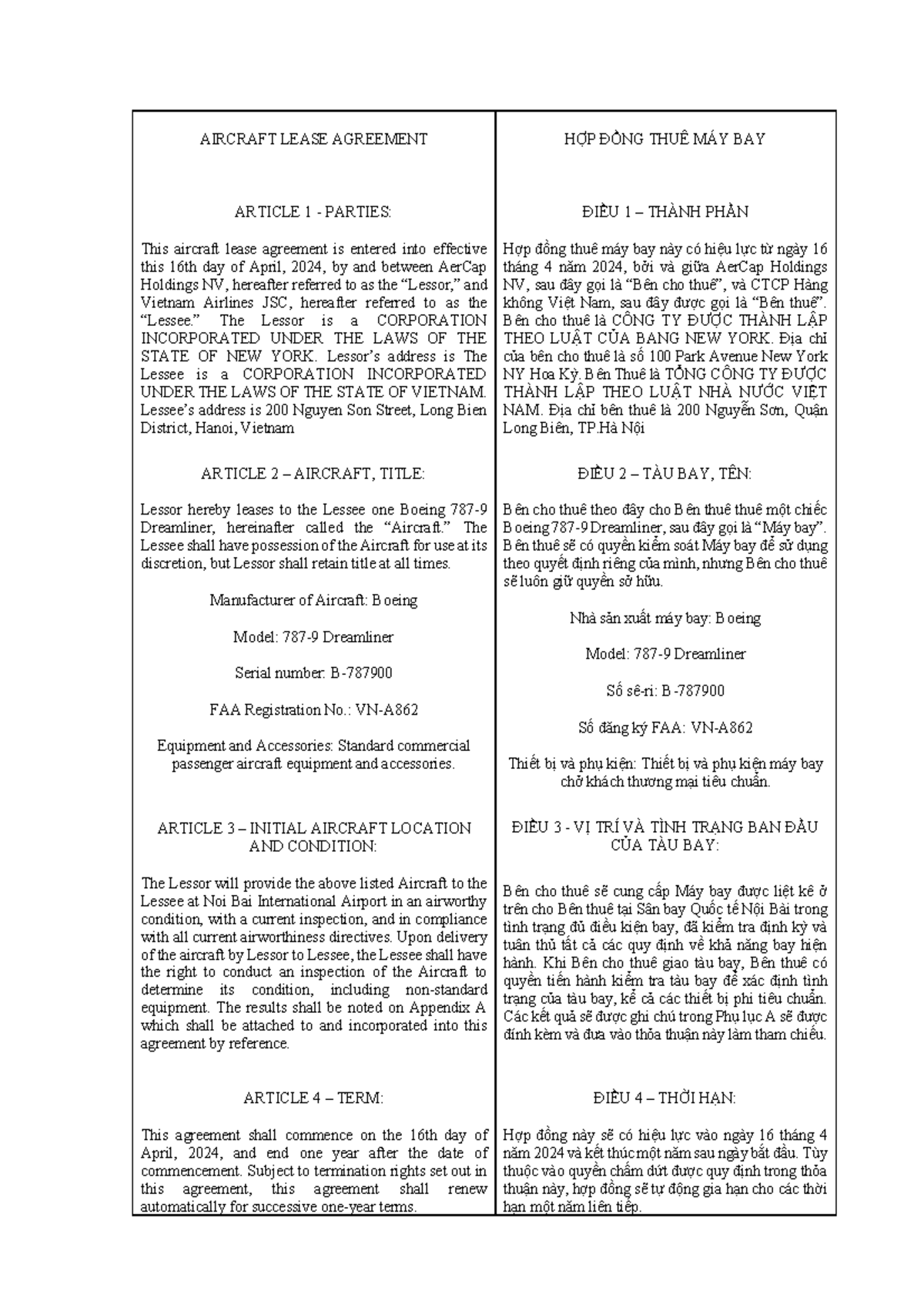 Aircraft Lease Agreement - AIRCRAFT LEASE AGREEMENT ARTICLE 1 - PARTIES ...