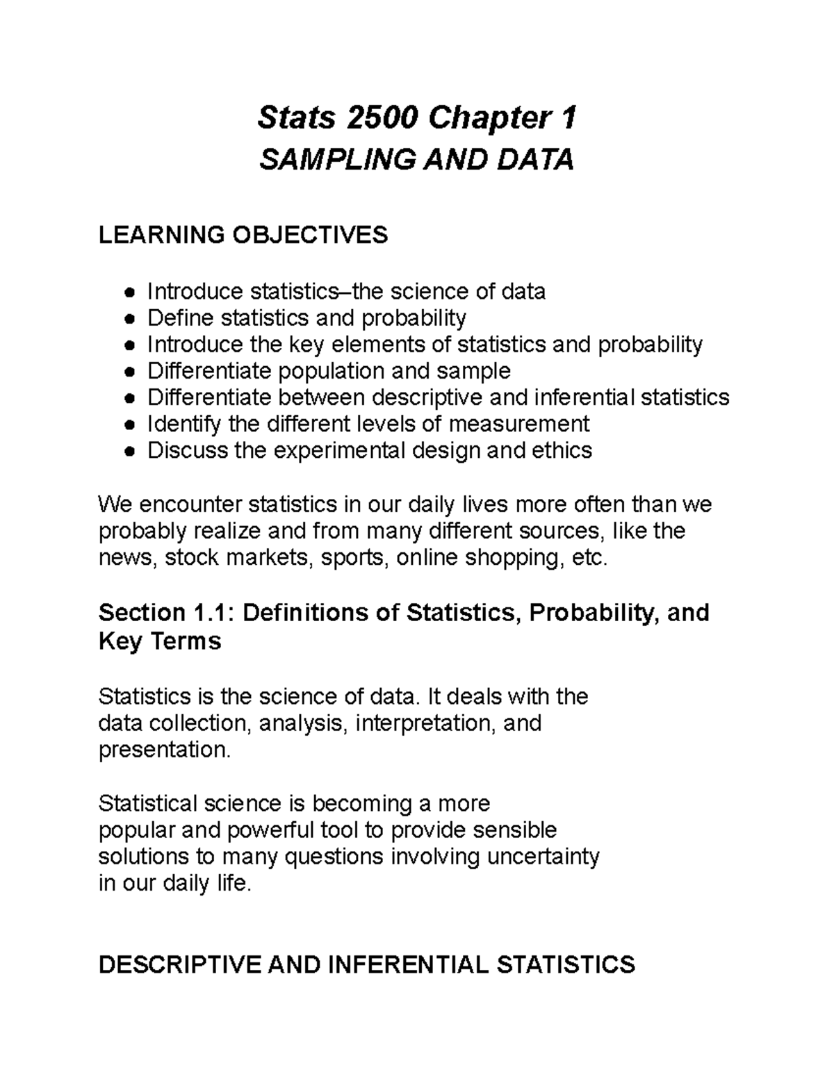 Stats 2500 Chapter 1 - Stats 2500 Chapter 1 SAMPLING AND DATA LEARNING OBJECTIVES Introduce ...
