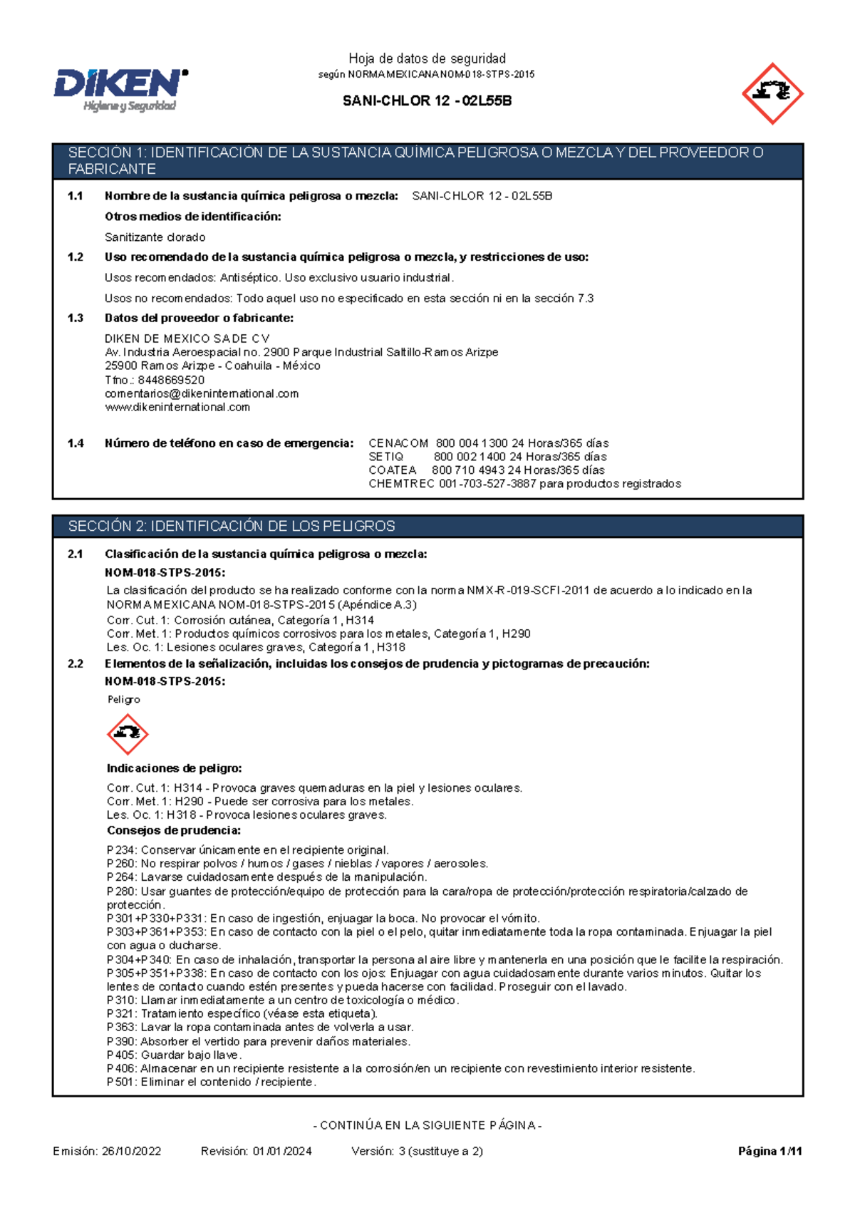 SANI- Chlor 12 Hoja de seguridad - SANI-CHLOR 12 - 02L55B según NORMA ...