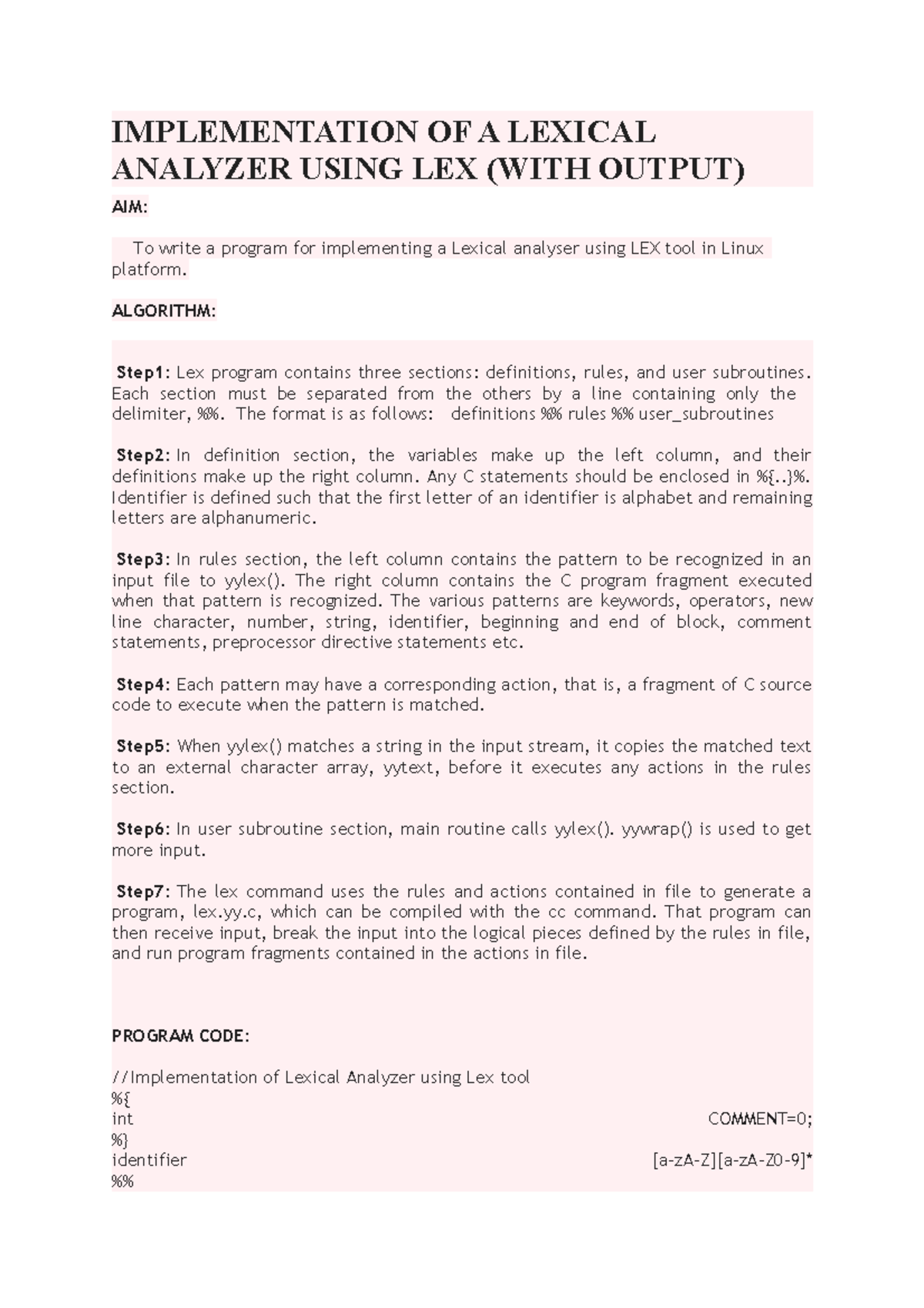 Compiler design Ex 2 and 3 - IMPLEMENTATION OF A LEXICAL ANALYZER USING LEX (WITH OUTPUT) AIM ...