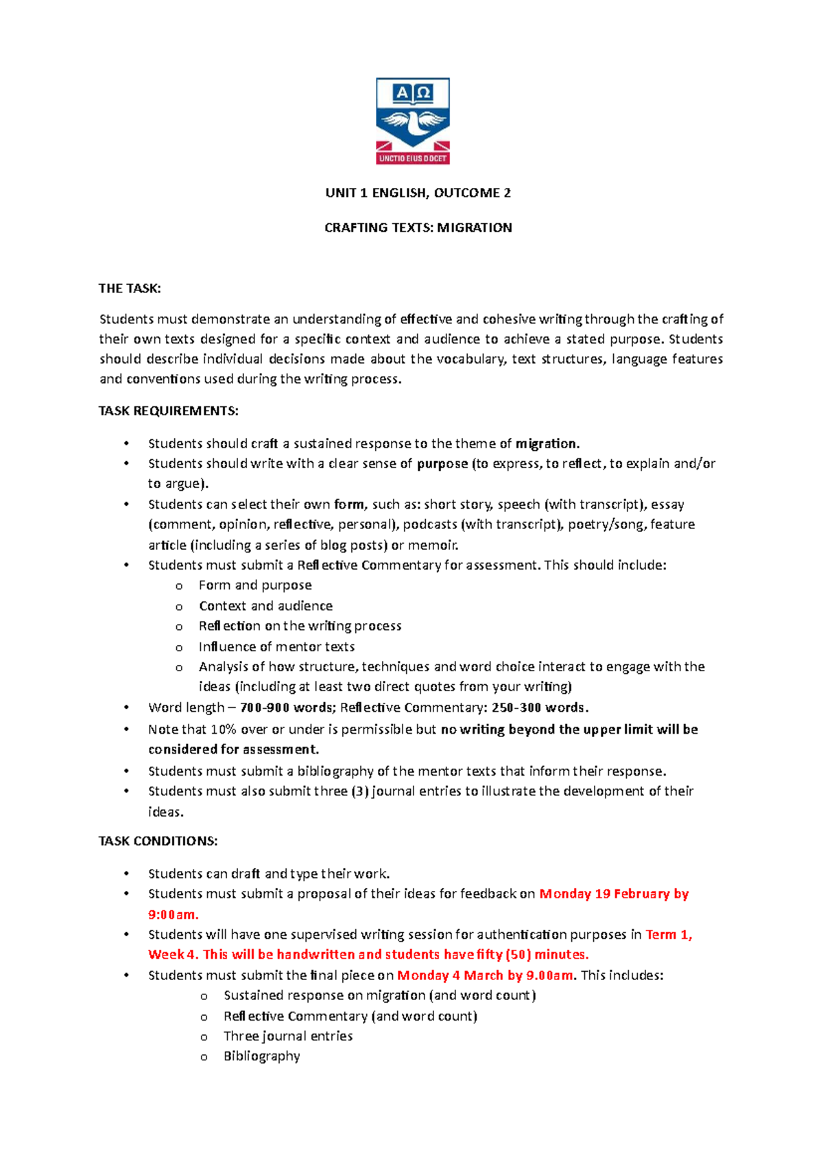 Crafting texts SAC sheet 2024 - UNIT 1 ENGLISH, OUTCOME 2 CRAFTING ...