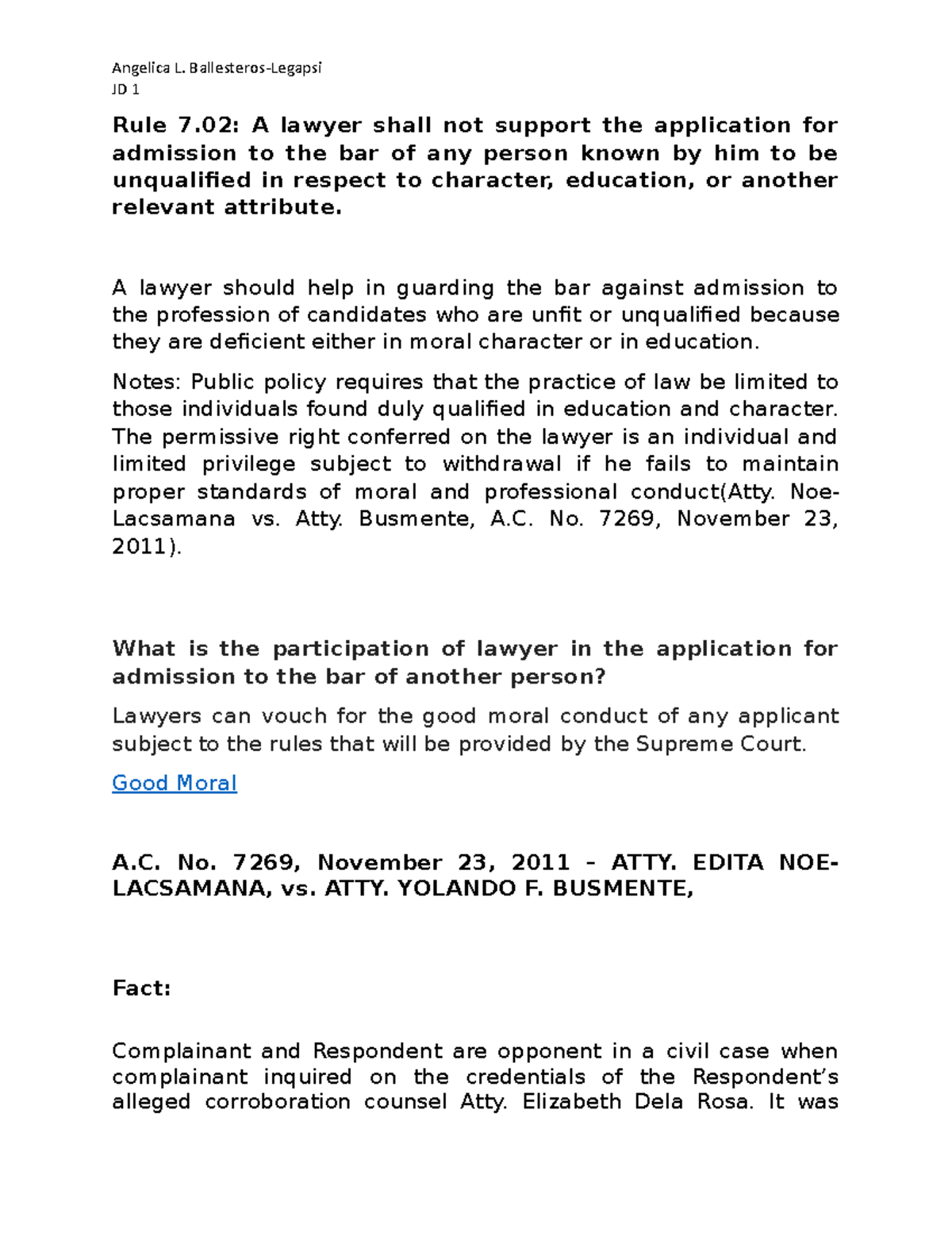 Code of Responsibilities Canon 7 - Angelica L. Ballesteros-Legapsi JD 1 ...