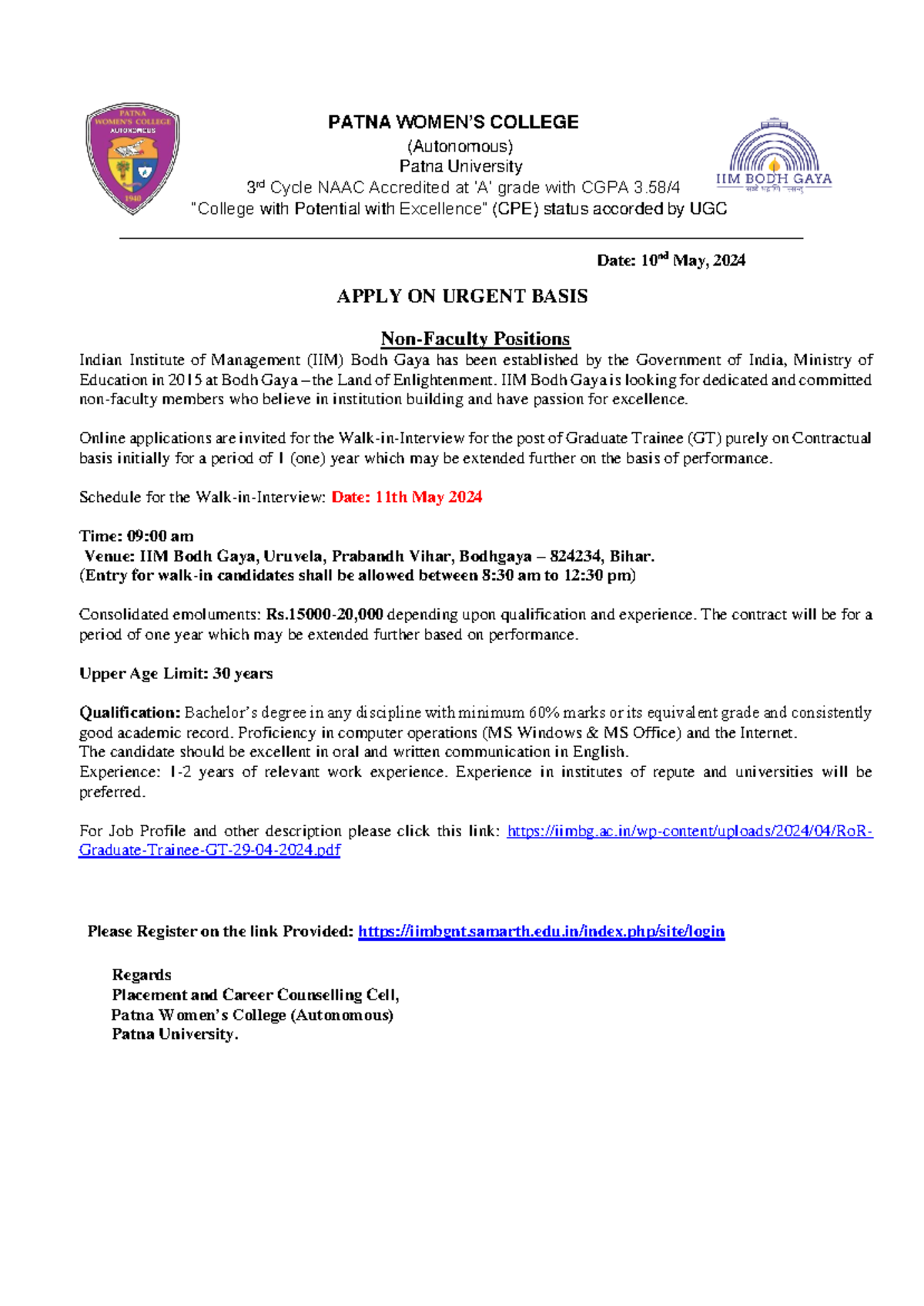Placement Notice- IIM 2024 - PATNA WOMEN’S COLLEGE (Autonomous) Patna ...
