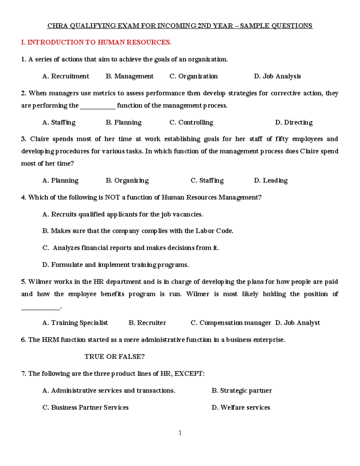 Ilide - CHRA QUALIFYING EXAM FOR INCOMING 2ND YEAR – SAMPLE QUESTIONS I ...