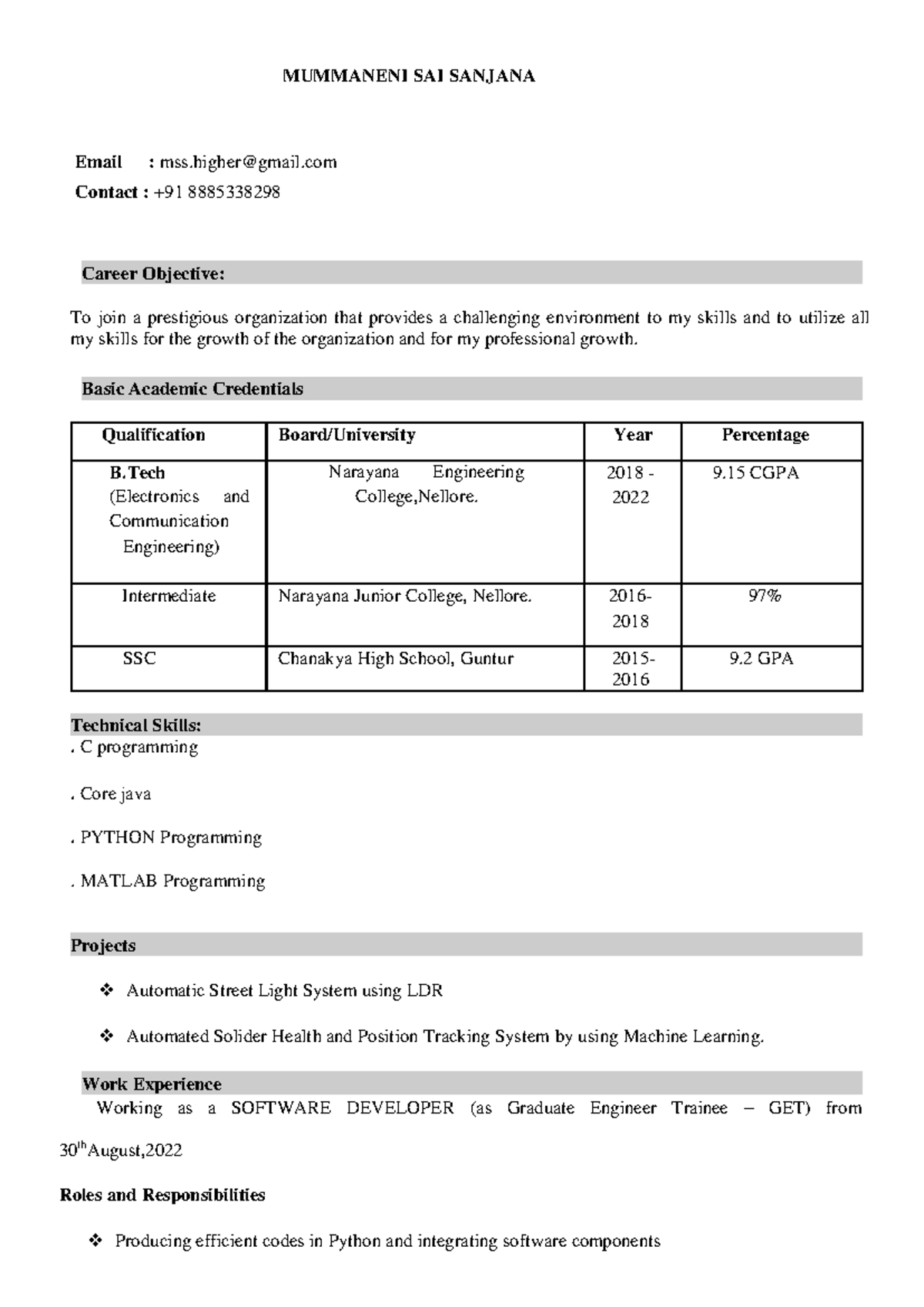 24. Visa Resume - data - MUMMANENI SAI SANJANA Email : mss@gmail Contact : +91 8885338298 Career ...