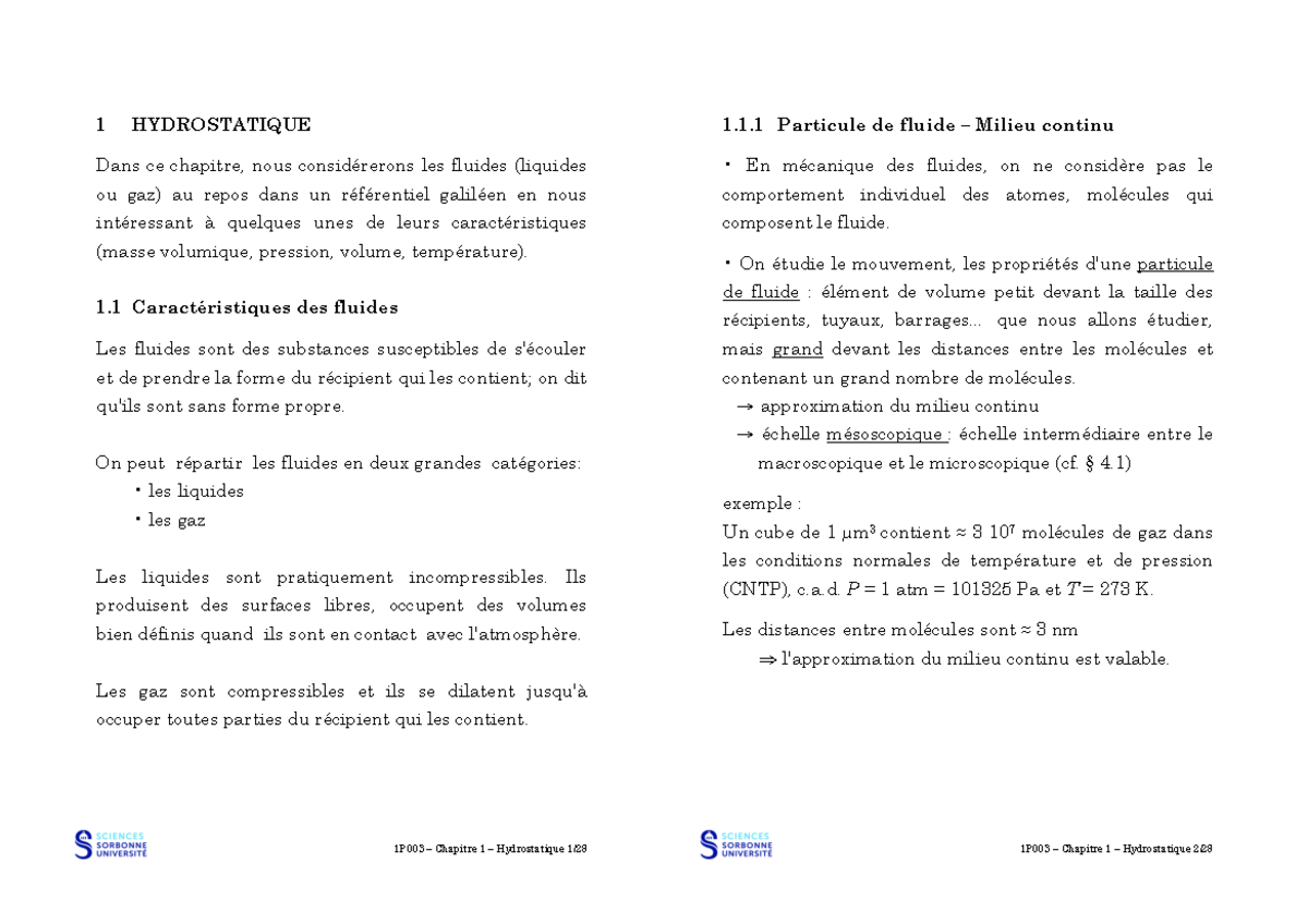 Chapitre 1 : Hydrostatique - 1 HYDROSTATIQUE 1.1 Particule de fluide ...