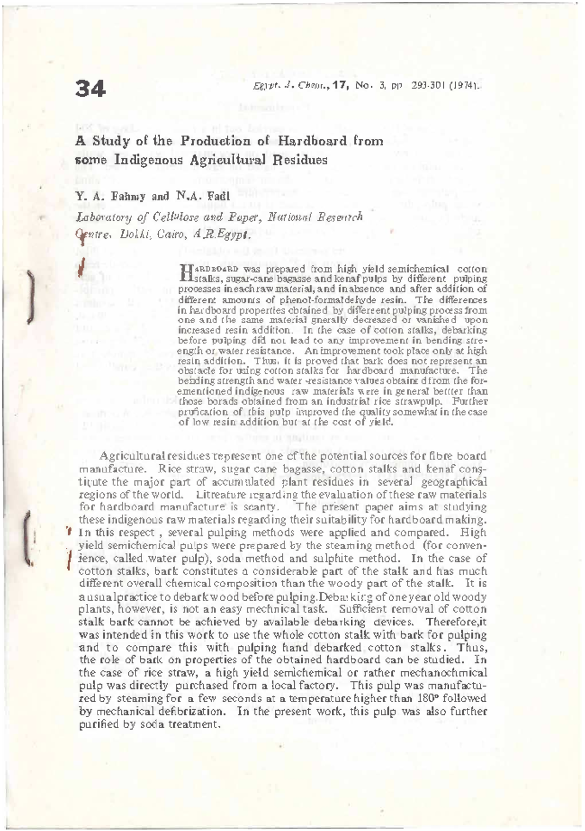 A study of the production of hardboard f - 34 Egypt. J. Ch3111., 17, No ...
