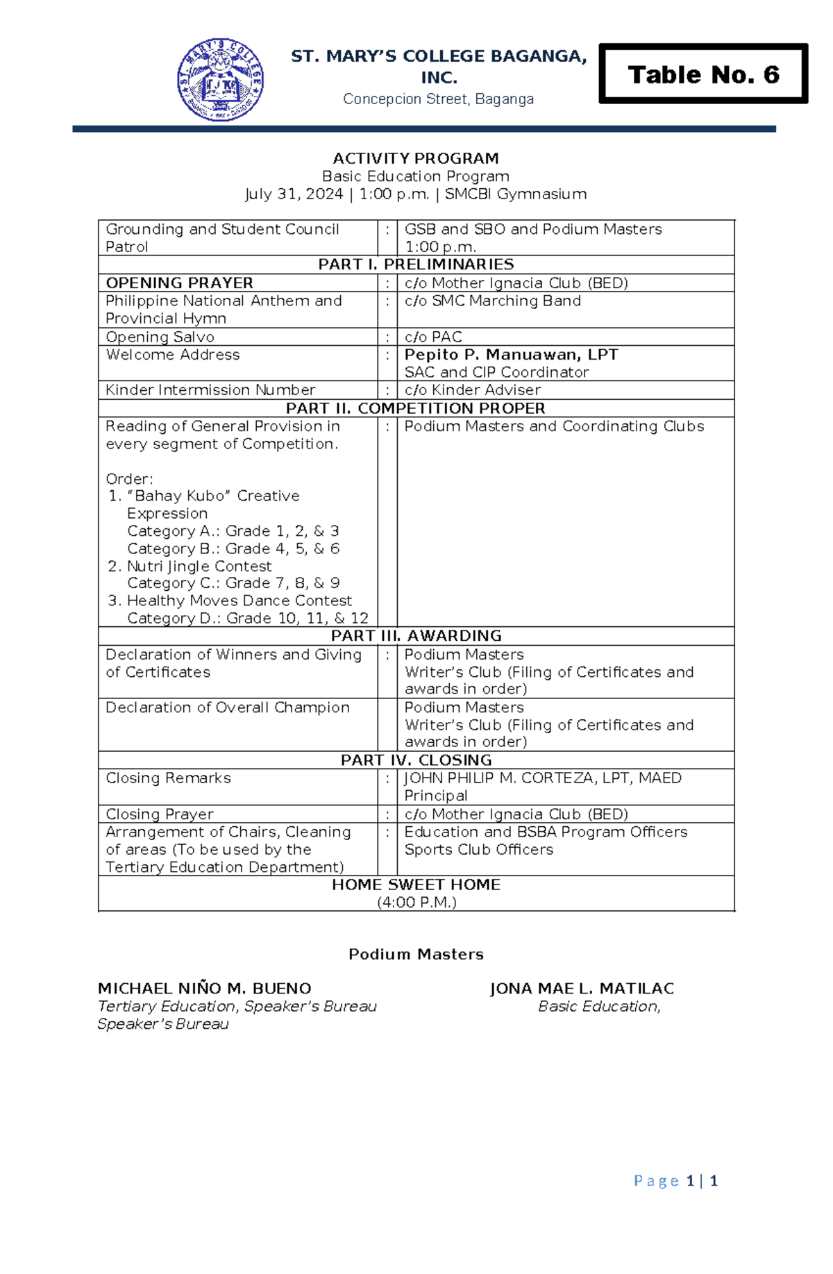 Table No. 6-BED Program - ACTIVITY PROGRAM Basic Education Program July ...