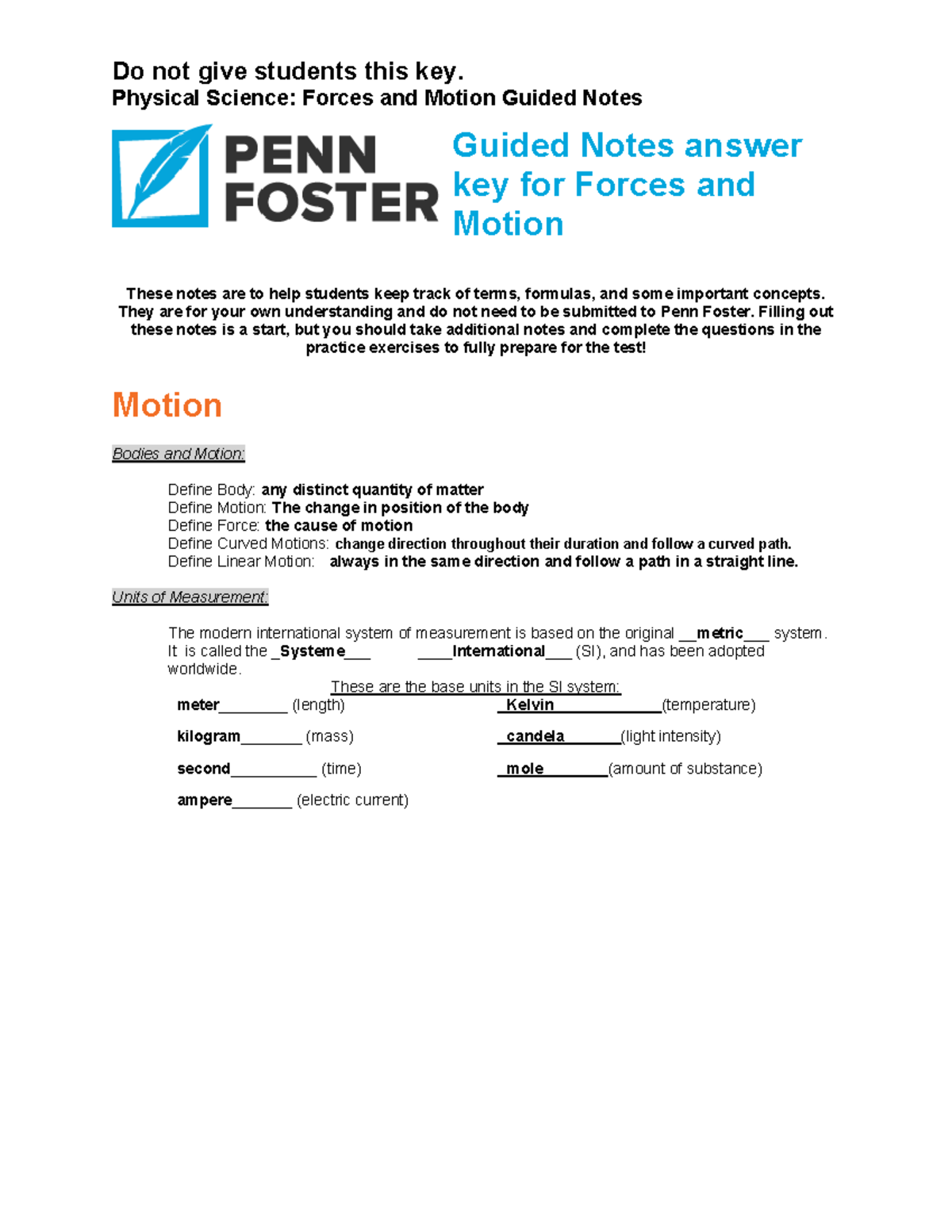 Course guide physical science NGSS guided notes Answer KEY 01 ...