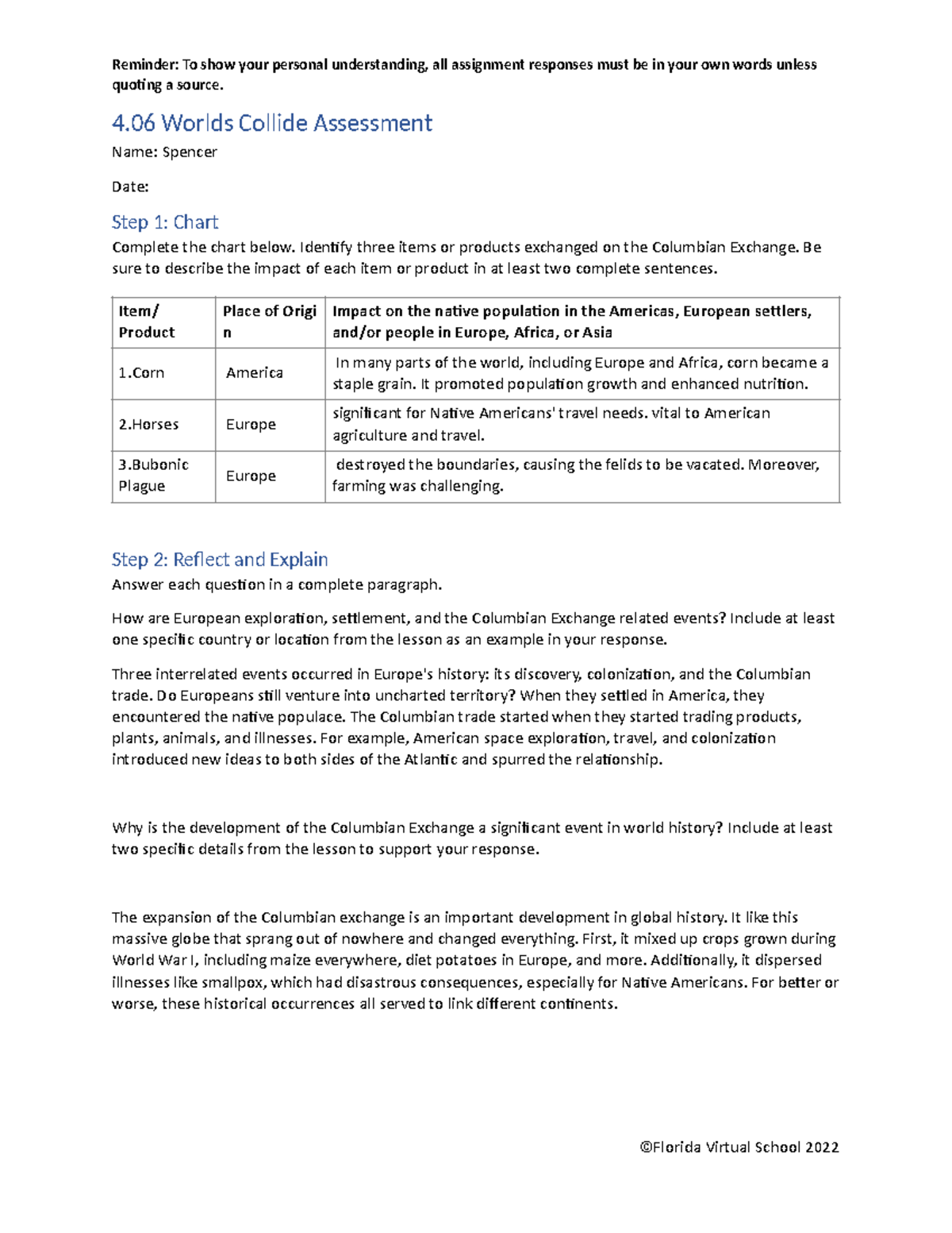 Worlds collide assignment - Reminder: To show your personal ...