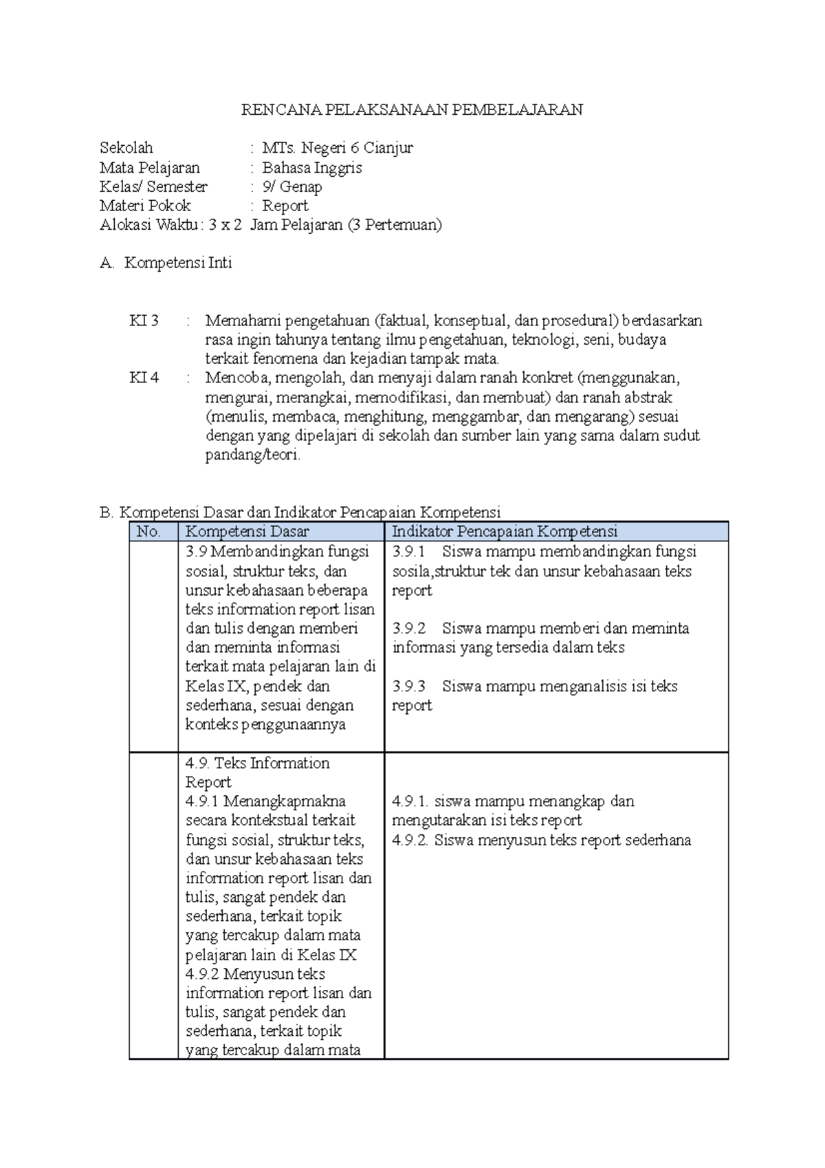 Rencana Pelaksanaan Pembelajaran report - RENCANA PELAKSANAAN ...