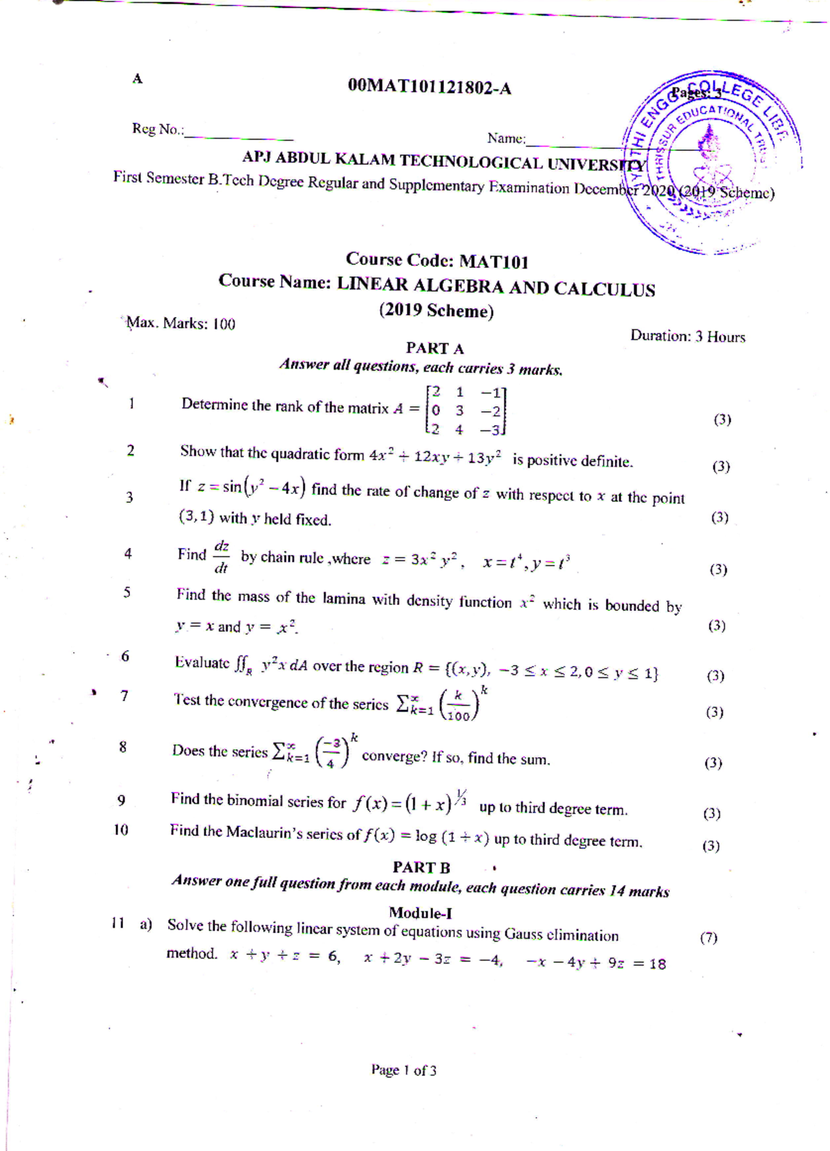 MAT 101 Linear Algebra AND Calculus - A Reg No.: 00MAT10rr2r802_A FirstSemes,",", - Studocu