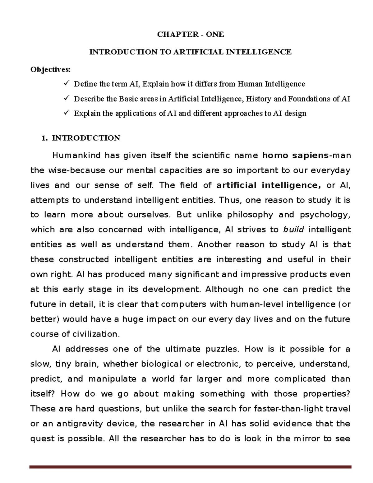 AI-Chapter 1 artificial intelligence - CHAPTER - ONE INTRODUCTION TO ARTIFICIAL INTELLIGENCE ...