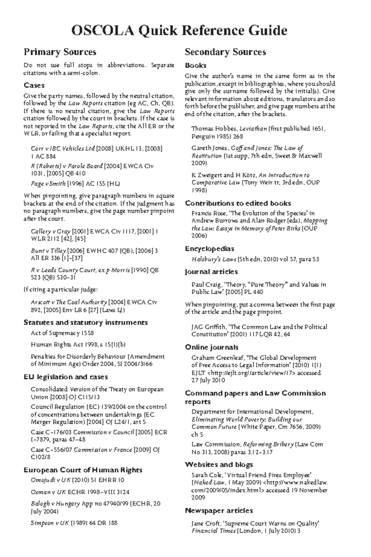 Oscola Quick Reference Guide - Primary Sources Do not use full stops in ...