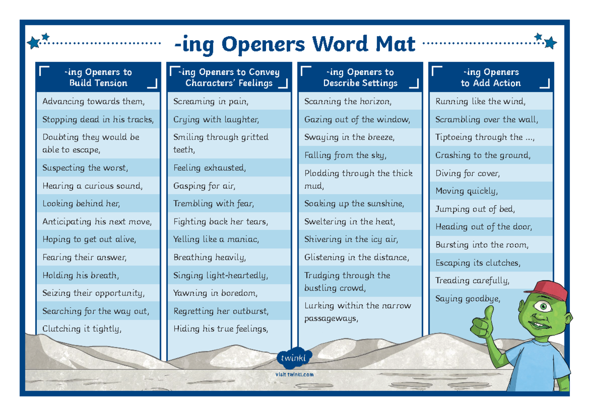 -ing Openers Word Mat - Advancing towards them, Stopping dead in his ...