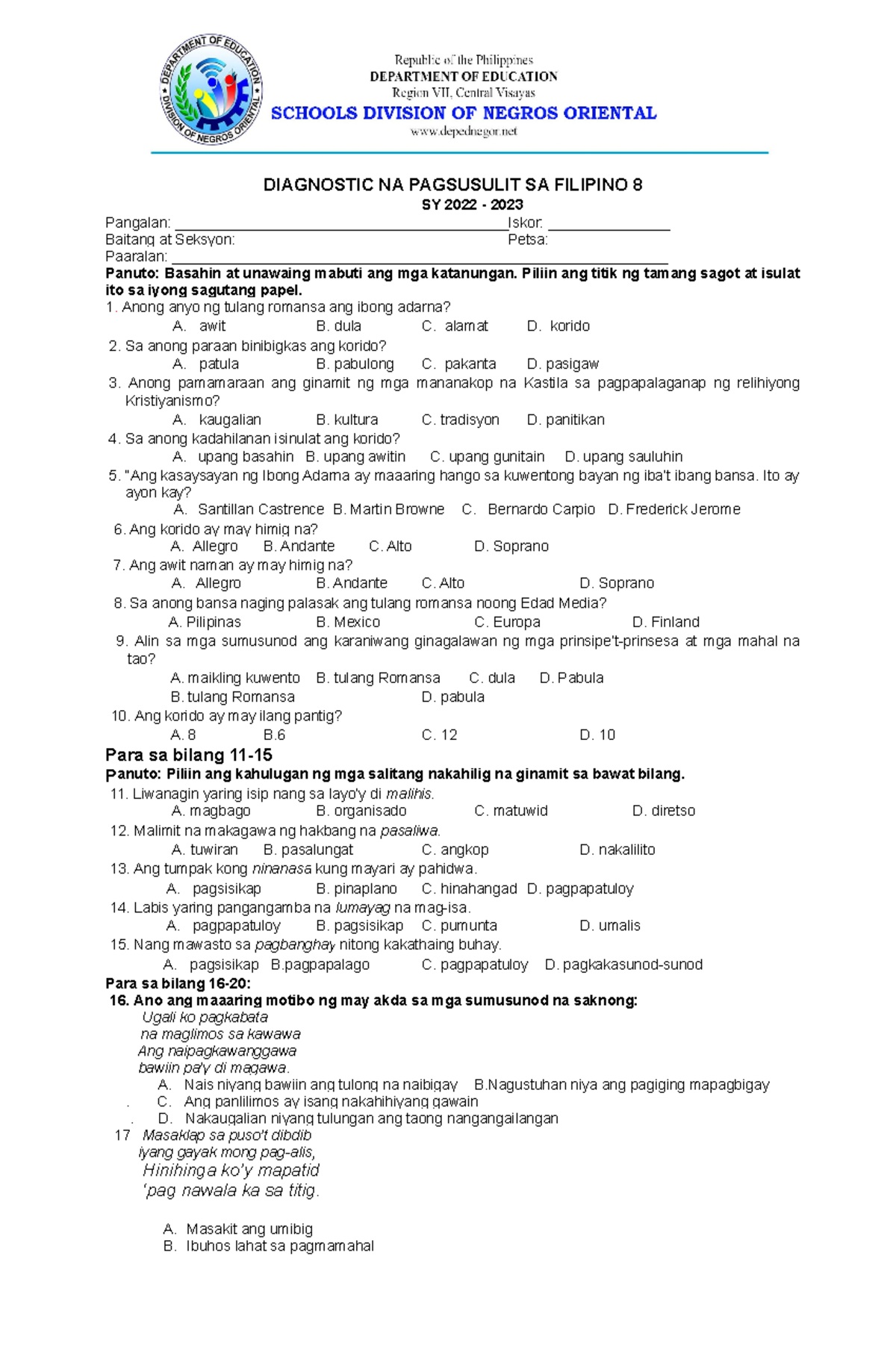 Grade 7 4th Quarter Summative Exam - DIAGNOSTIC NA PAGSUSULIT SA ...