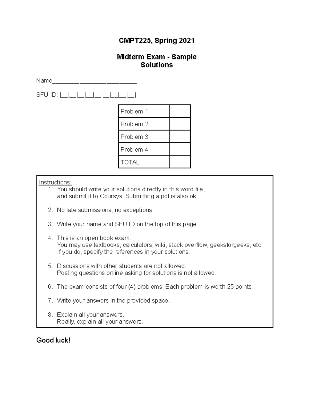 Cmpt225-practicemidterm-sol - CMPT225, Spring 2021 Midterm Exam - Sample Solutions - Studocu