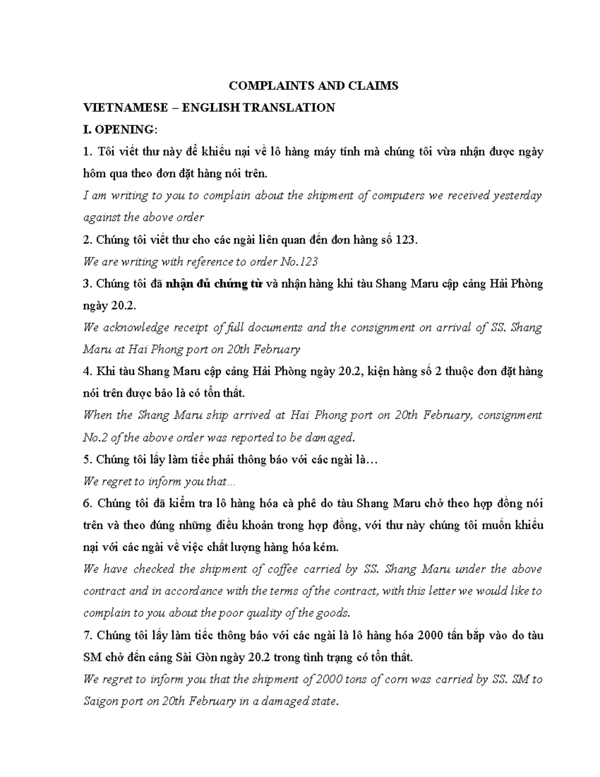 Complaints AND Claims - COMPLAINTS AND CLAIMS VIETNAMESE – ENGLISH ...