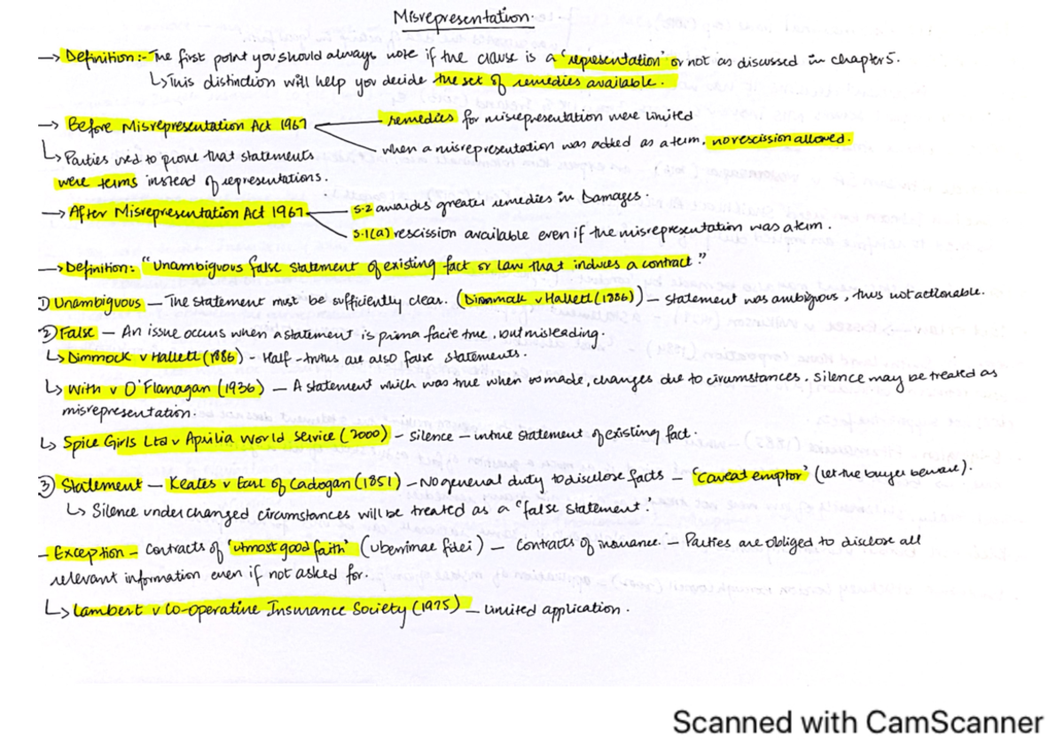 Misrepresentation chart - cooperate law - Studocu