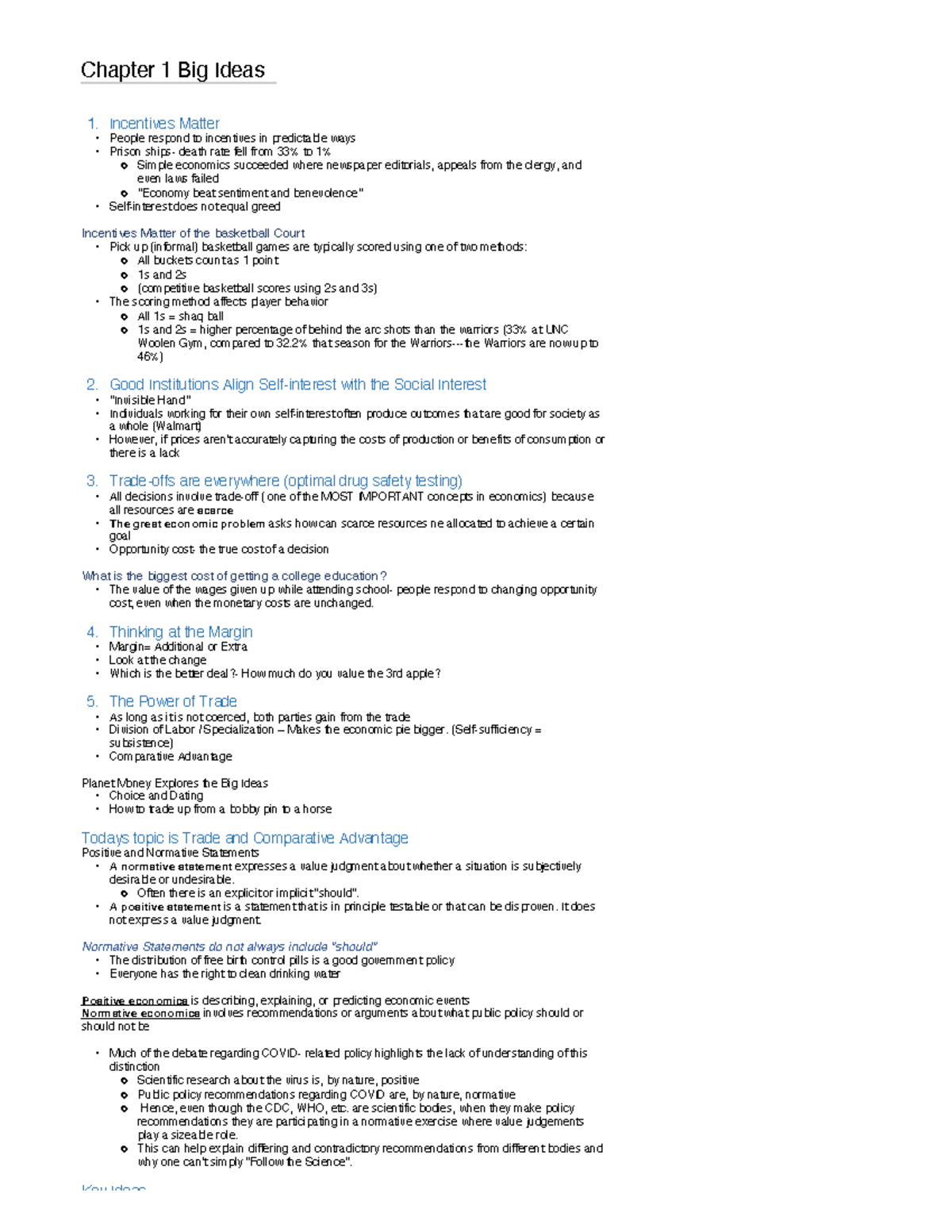 ECON 1 - Unit One Economics Notes - Chapter 1 Big Ideas 1. Incentives ...