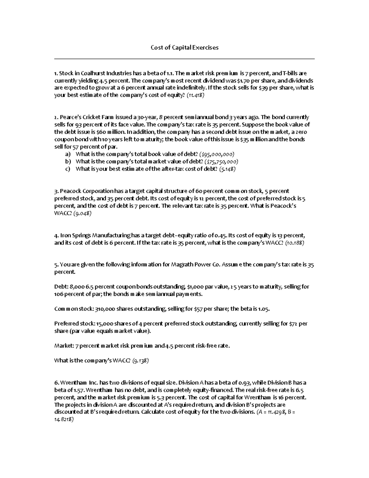 Cost of Capital Exercises - Studocu