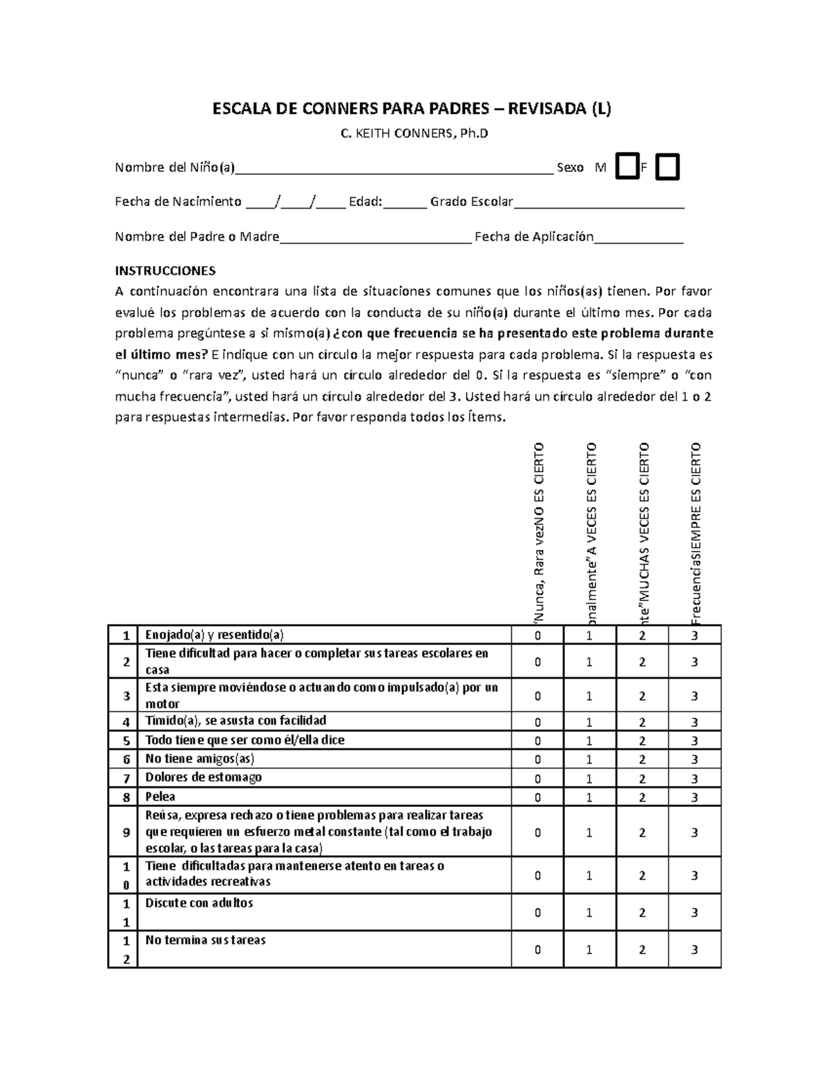 Escala Conner PARA padres - ESCALA DE CONNERS PARA PADRES – REVISADA (L ...