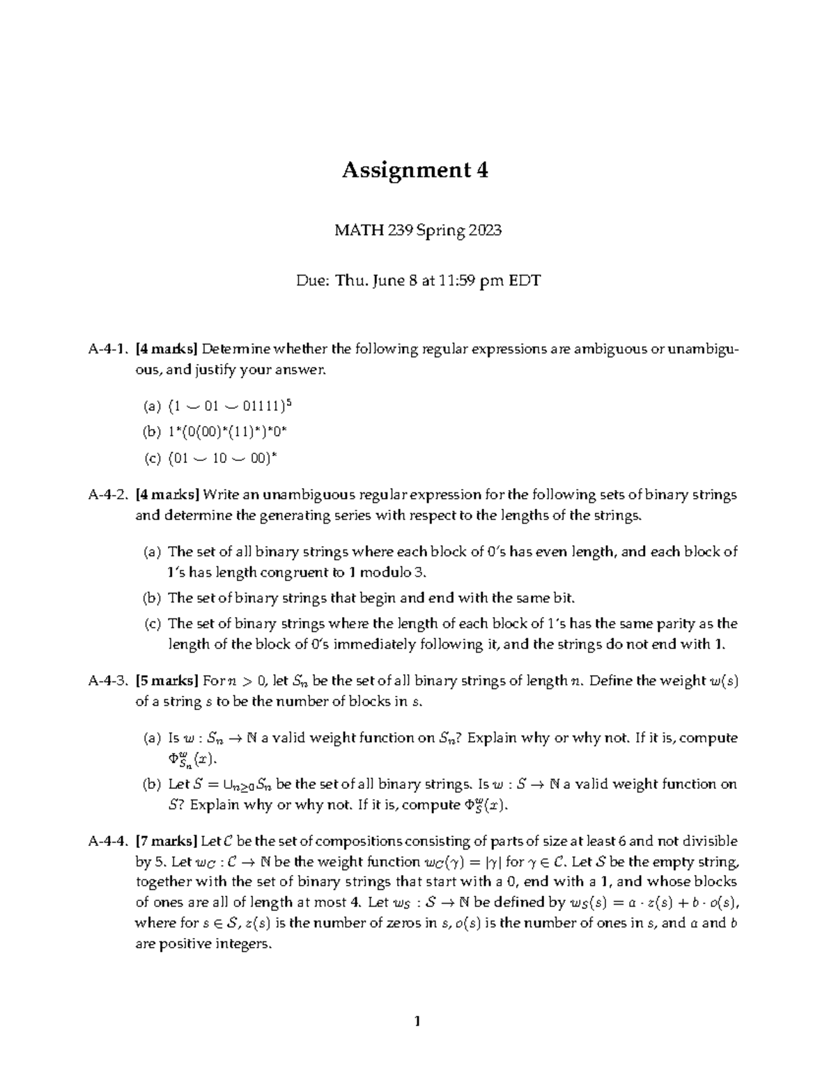 A4- Assignment 4 MATH 239 Spring 2023 Due: Thu. June 8 at 11:59 pm EDT A-4-1. [4 marks ...