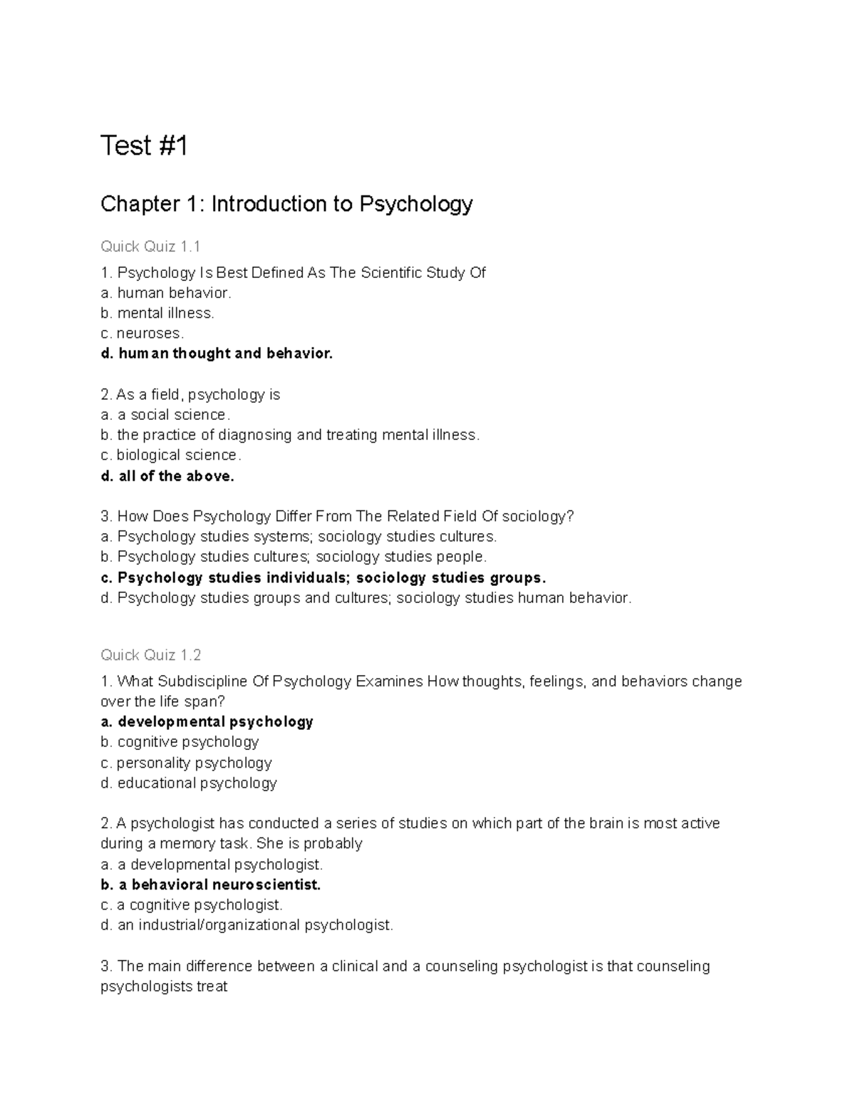 Psych quick quizzes - practice - Test Chapter 1: Introduction to ...