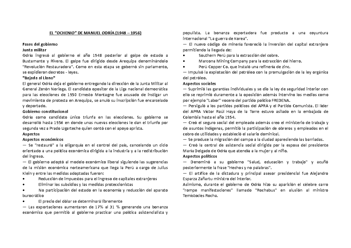 EL Ochenio DE Odria - EL “OCHENIO” DE MANUEL ODRÍA (1948 – 1956) Fases ...