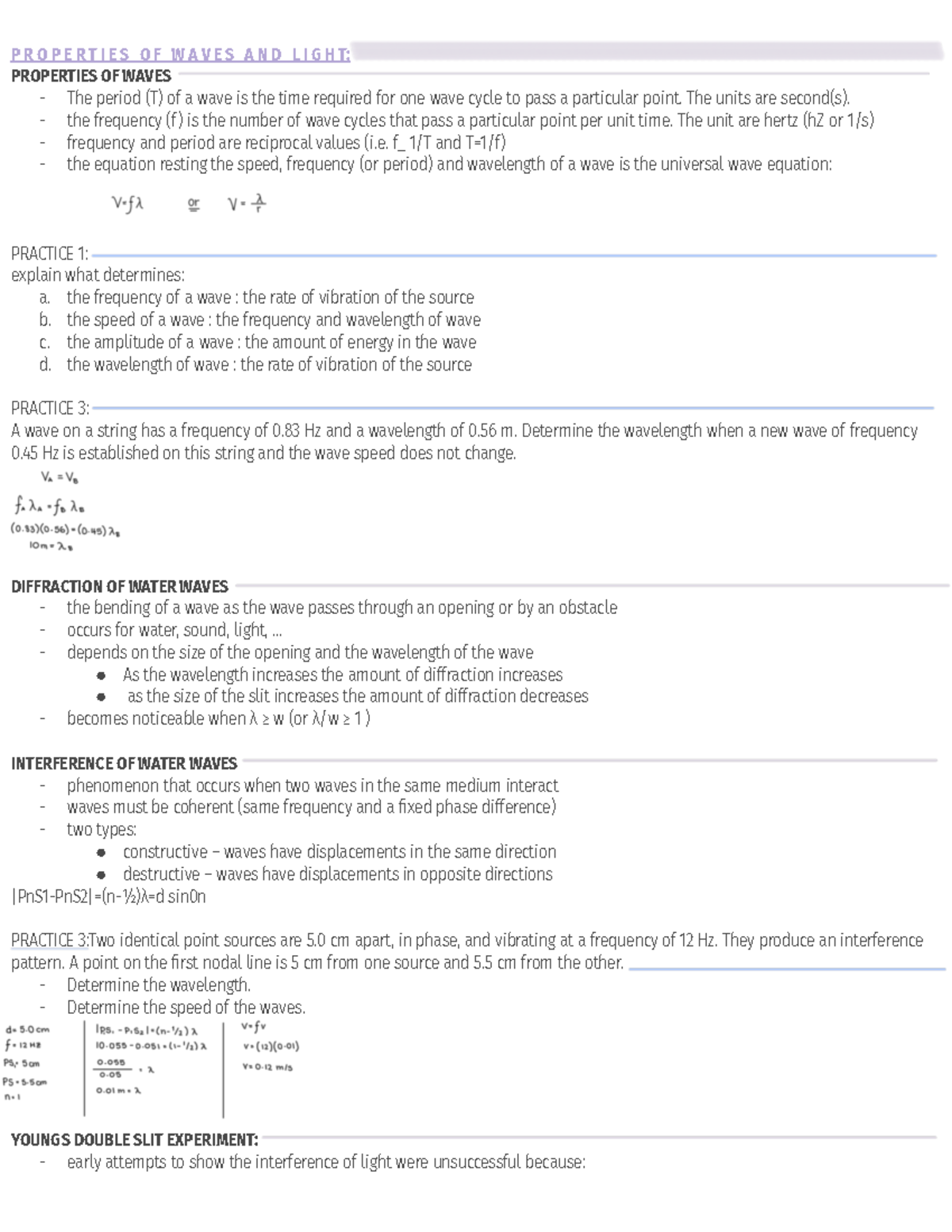 Physics - light unit sheet - P R O P E R T I E S O F W A V E S A N D L ...