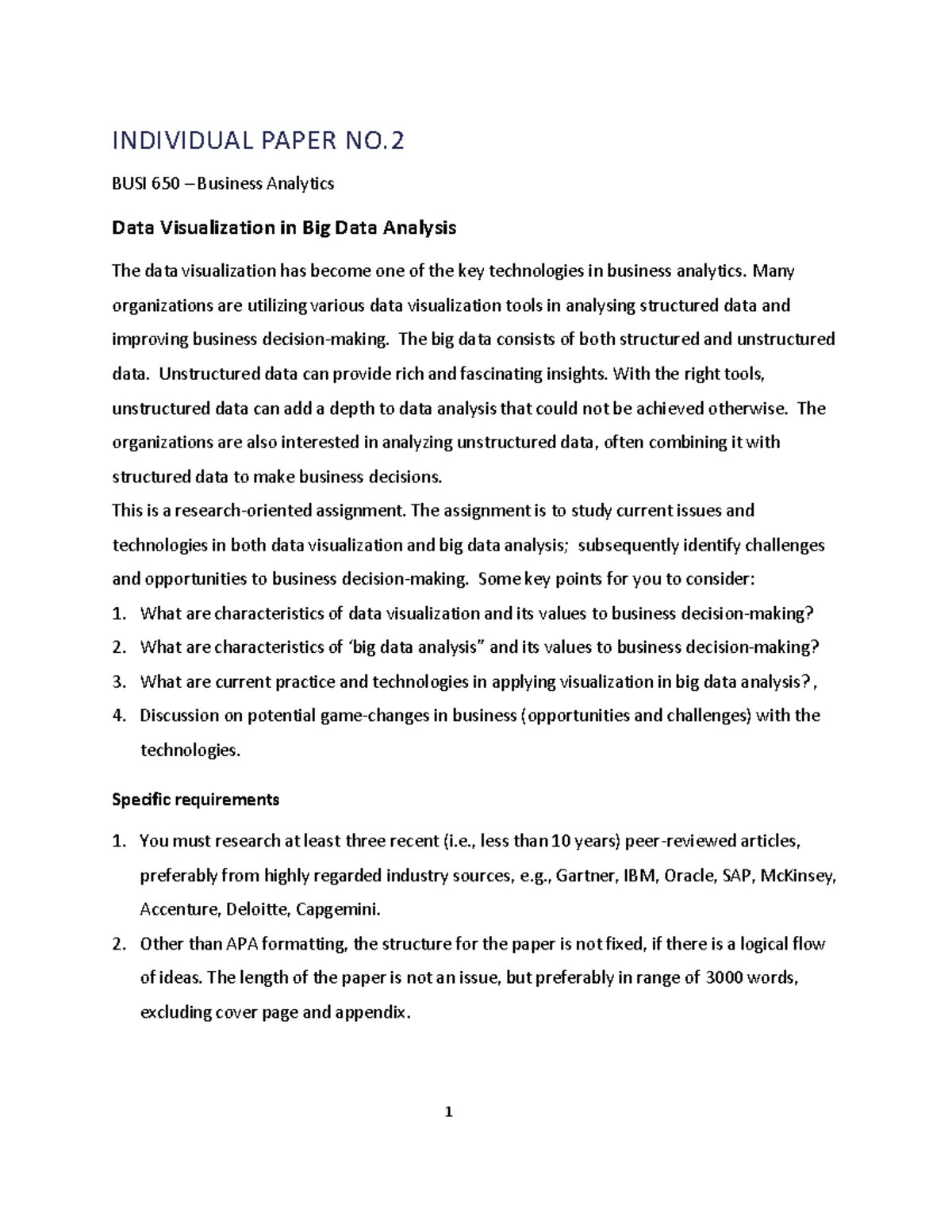 BUSI 650 - Individual paper 2 (Option 1) - 1 INDIVIDUAL PAPER NO. BUSI ...