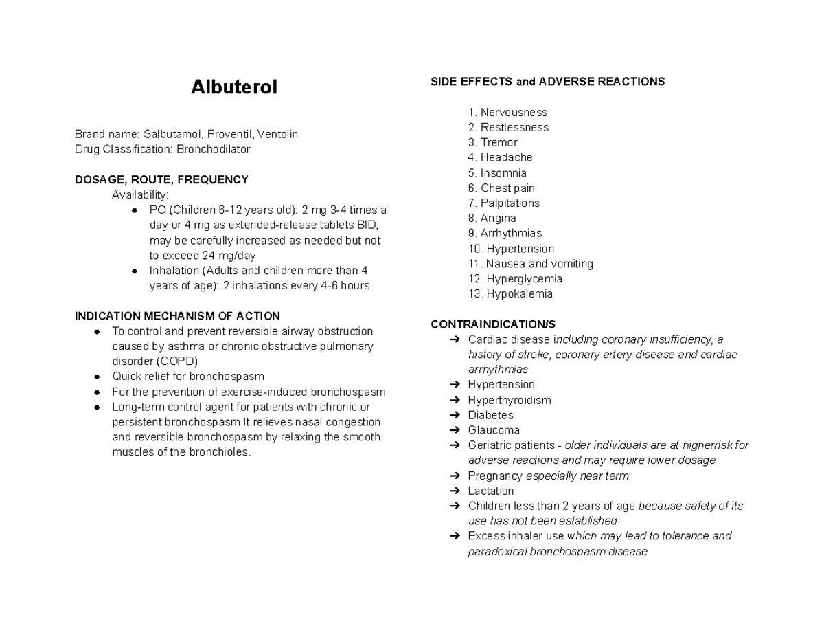 Albuterol Drug study - Albuterol Brand name: Salbutamol, Proventil, Ventolin Drug Classification ...