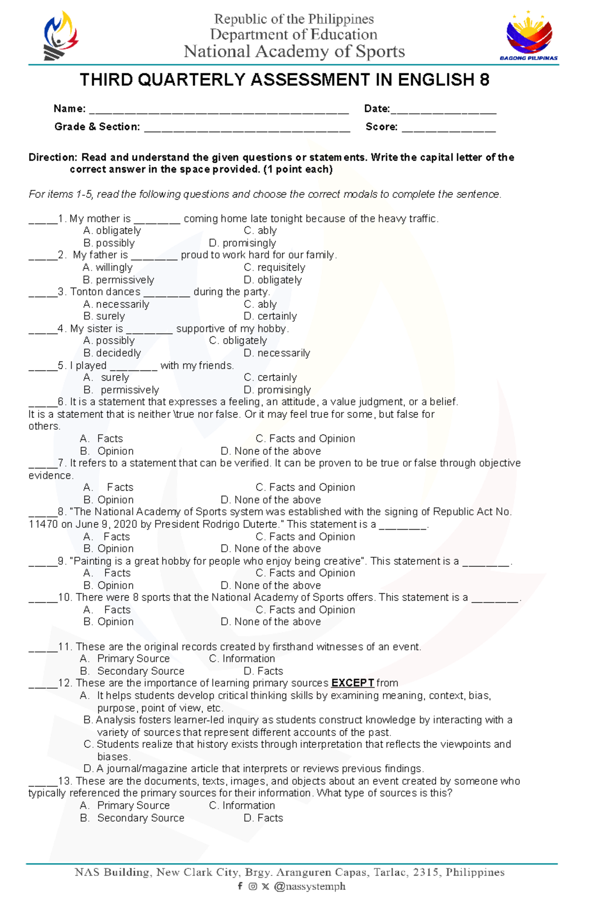 Special 3RD-QRTR-IN-ENG-8 - THIRD QUARTERLY ASSESSMENT IN ENGLISH 8 ...