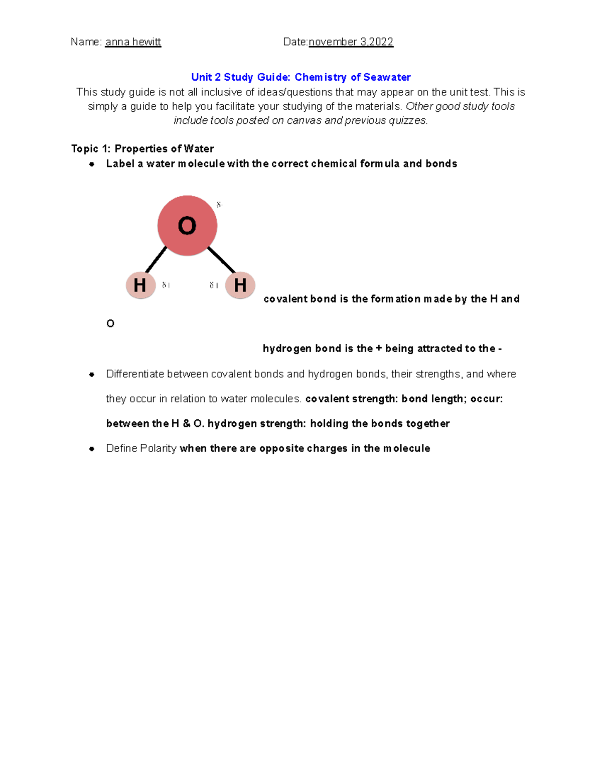 Unit 2 study guide chemistry of seawater - Name: anna hewitt Date ...