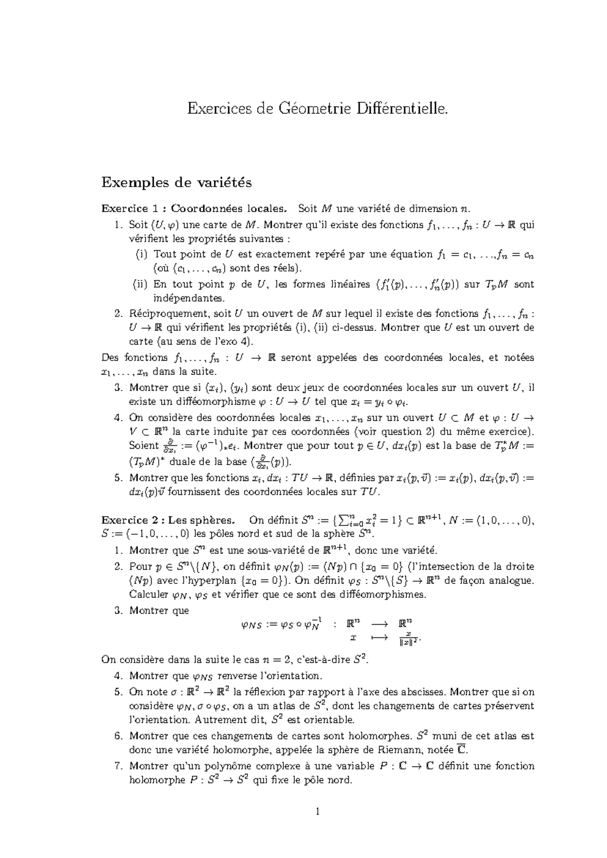 Exo GD' - Math - Exercices de G ́eometrie Diff ́erentielle. Exemples de vari ́et ́es Exercice 1 ...