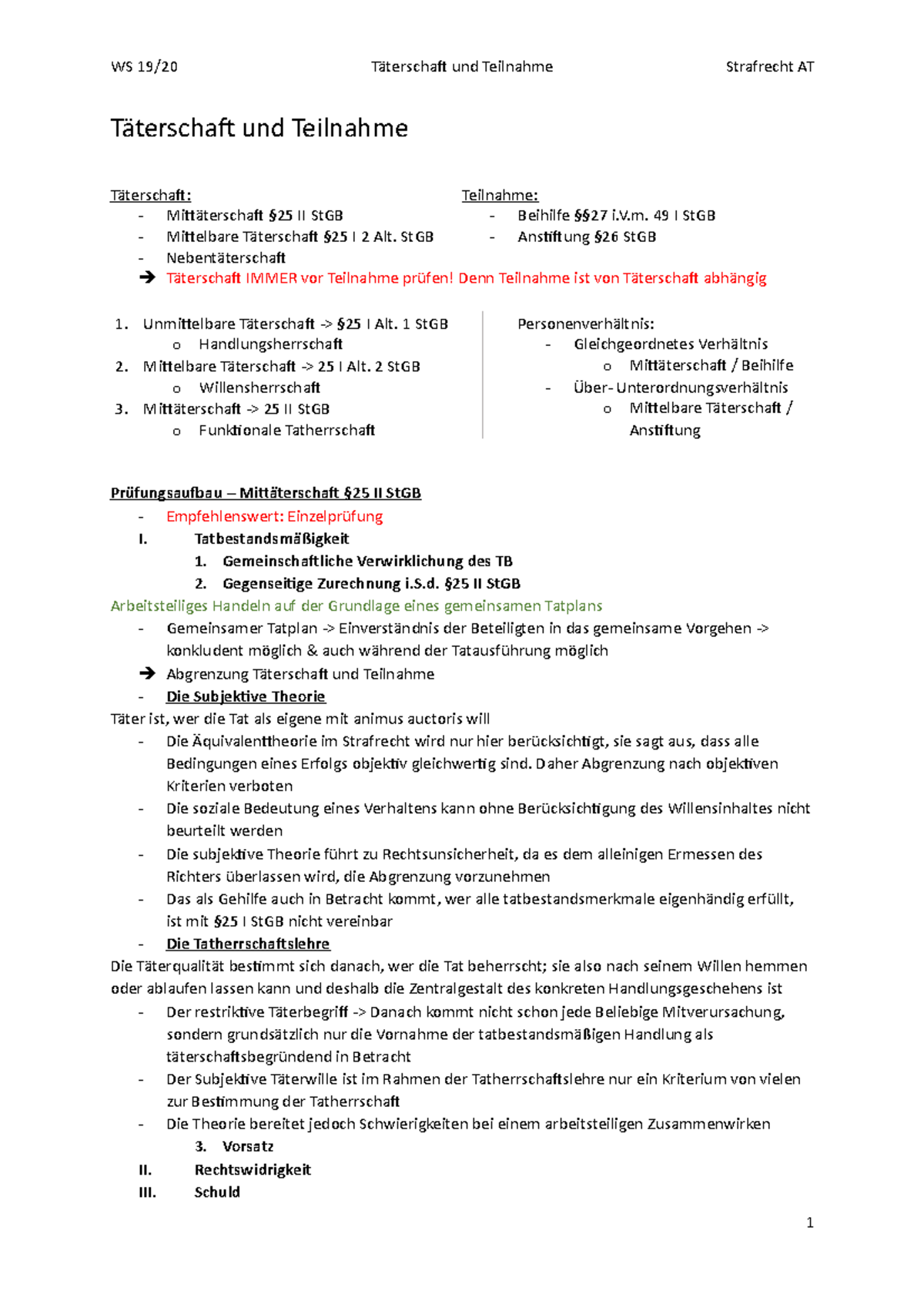 Täterschaft und Teilnahme (Schema) - WS 19/20 Täterschaft und Teilnahme ...