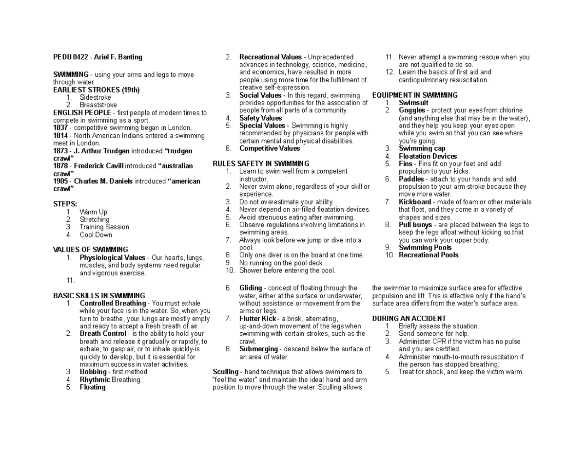 Untitled document - PEDU 0422 - Ariel F. Banting SWIMMING - using your arms and legs to move ...