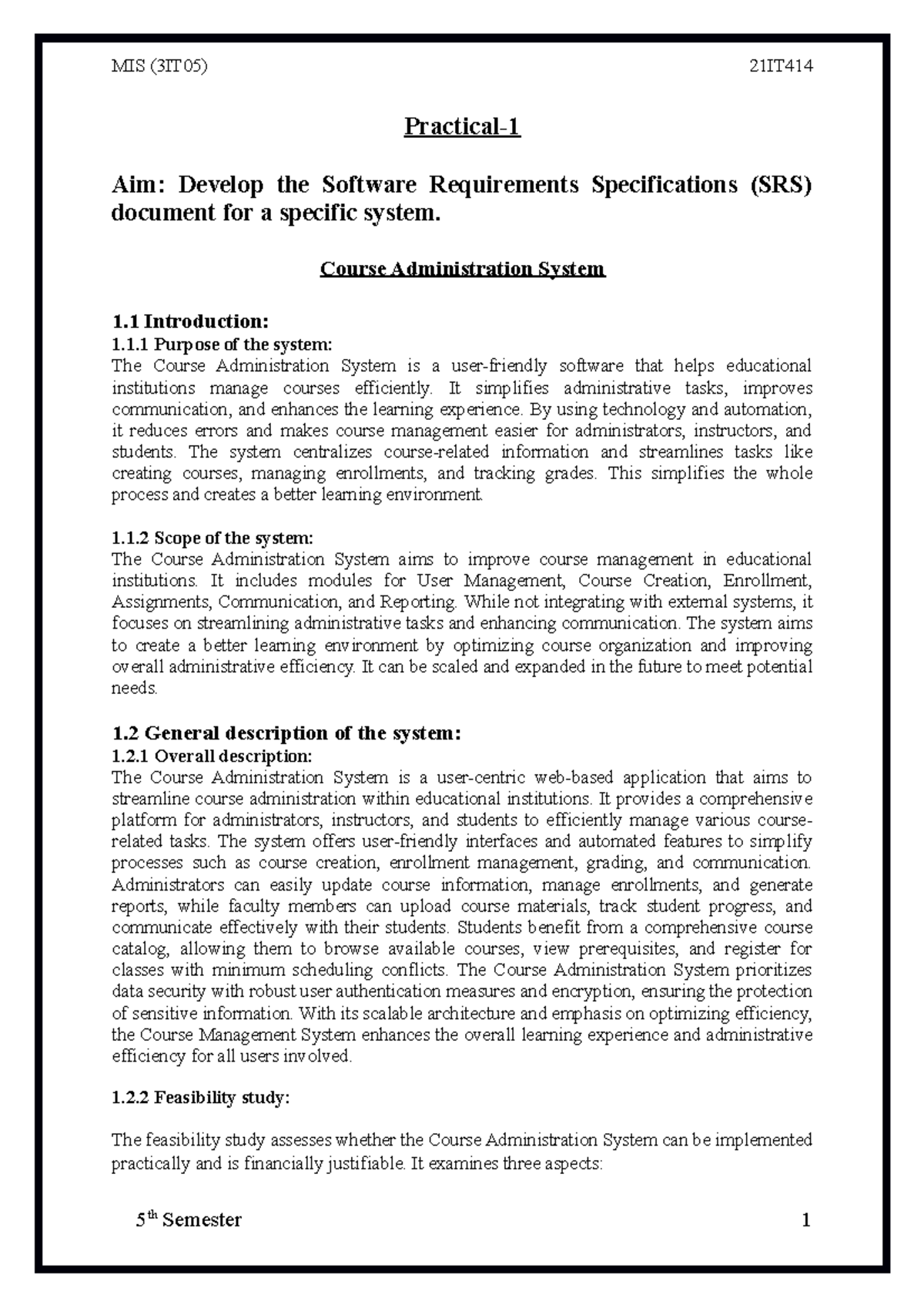 21IT414 MIS - Practical- Aim: Develop the Software Requirements Specifications (SRS) document ...