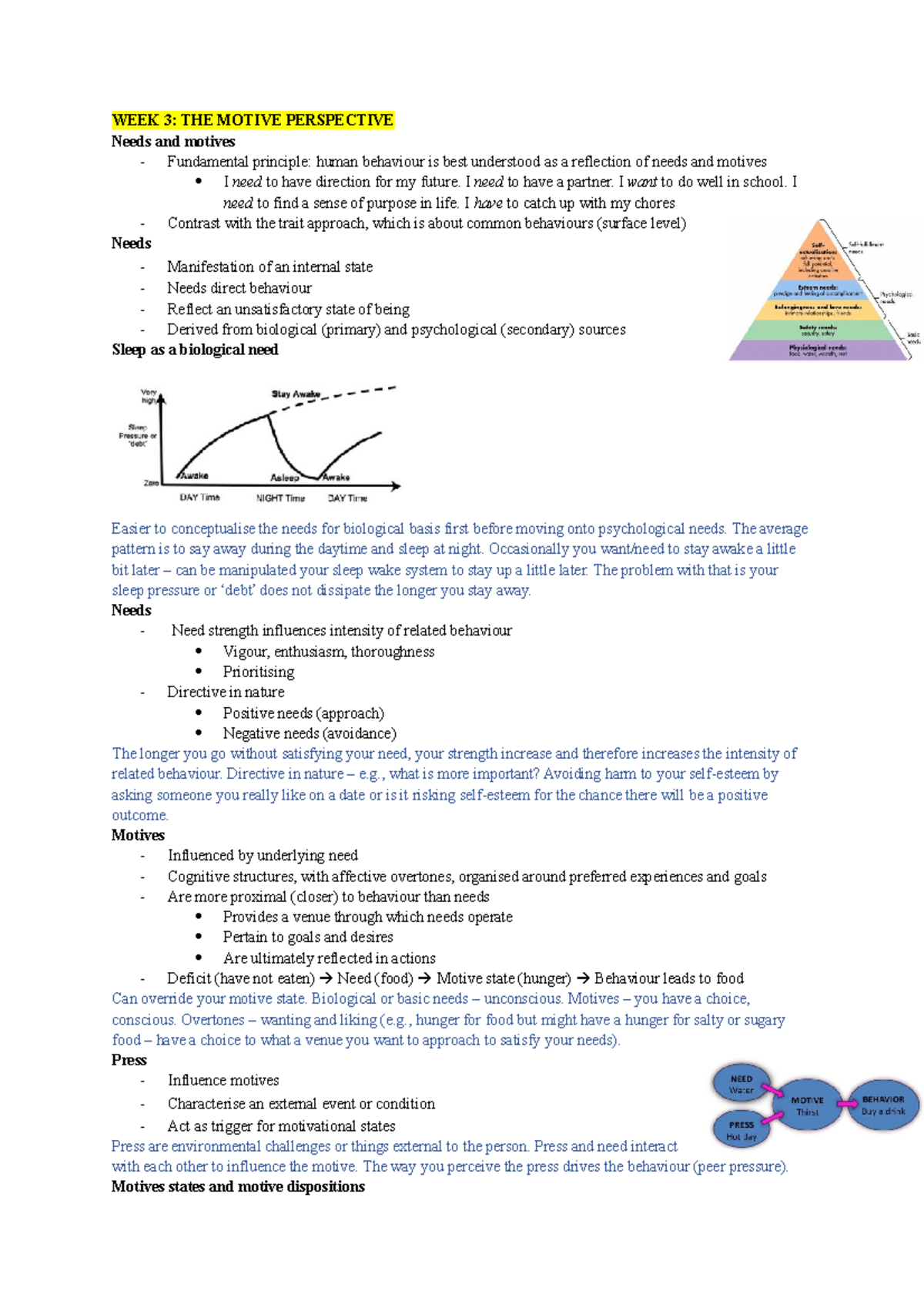 WEEK 3 - Lecture notes 3 - WEEK 3: THE MOTIVE PERSPECTIVE Needs and ...