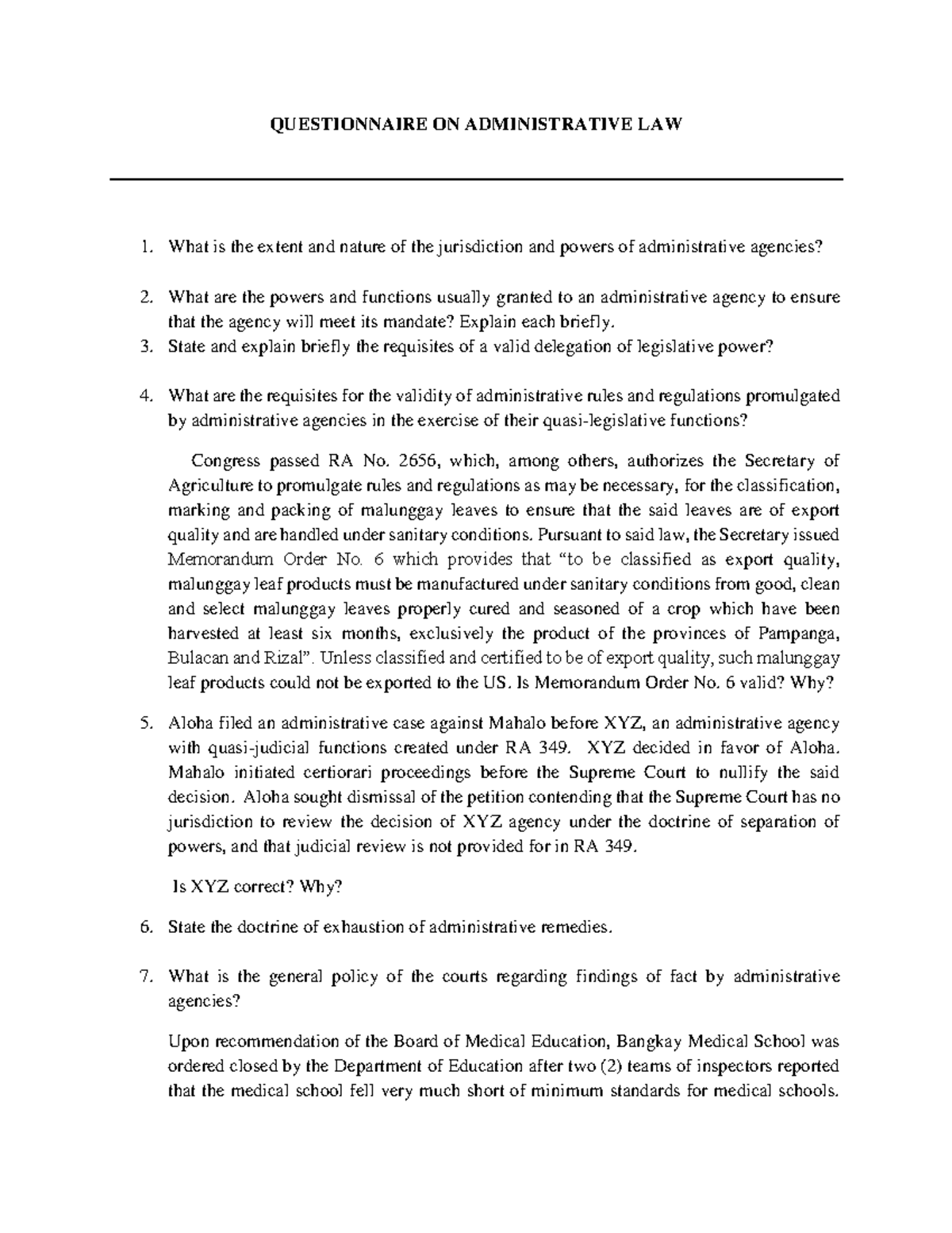 Sample Questionnaire on Administrative Law - Doctor of Jurisprudence ...